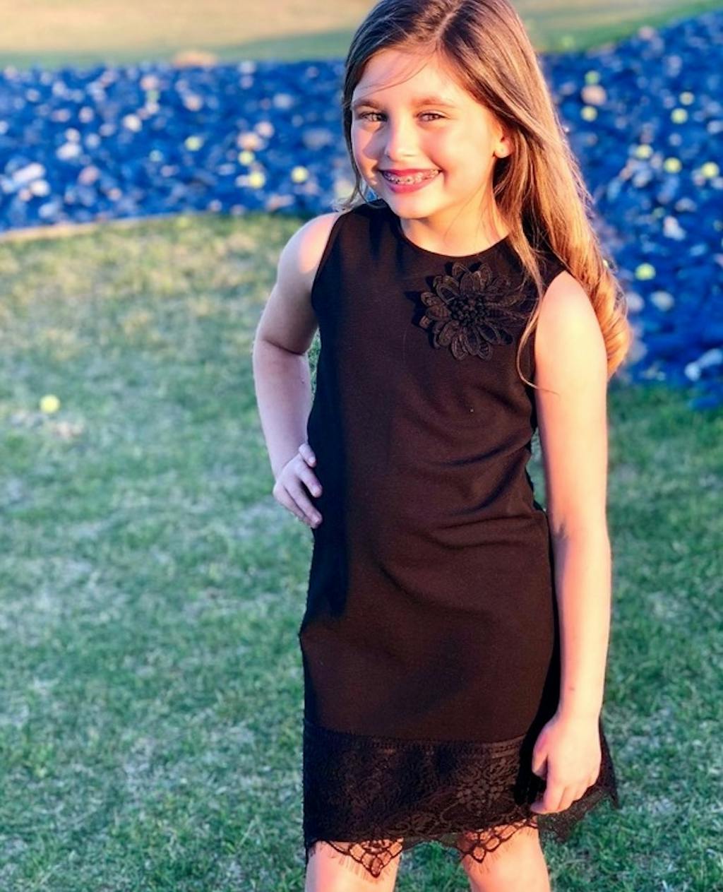 Onyx Black Stretchy Sleeveless Party Shift Dress with Lace Trim Girls ...