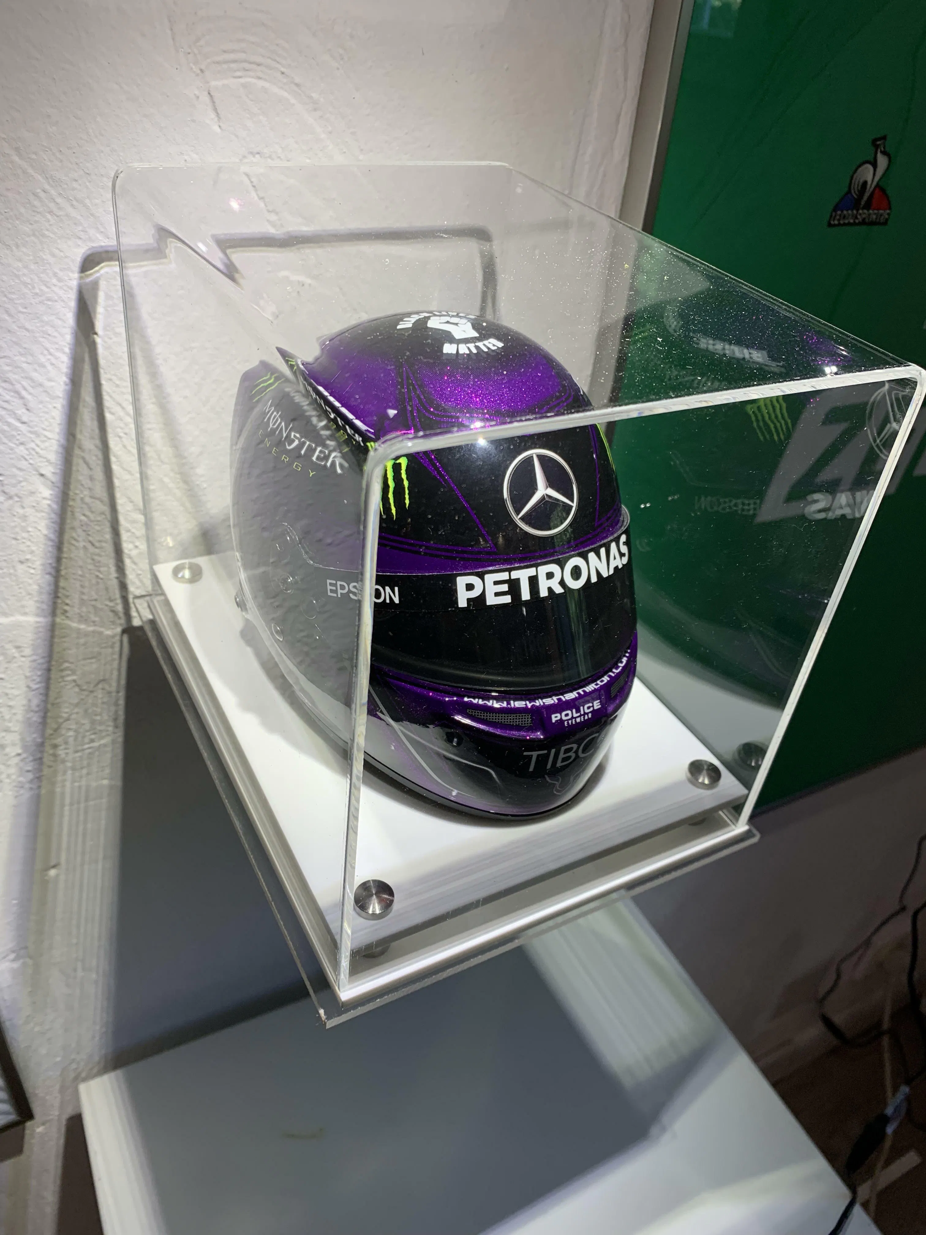 Half Scale F1 Helmet Display Case with a Modern Base
