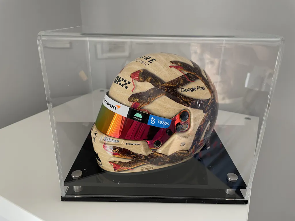 Half Scale F1 Helmet Display Case with a Modern Base