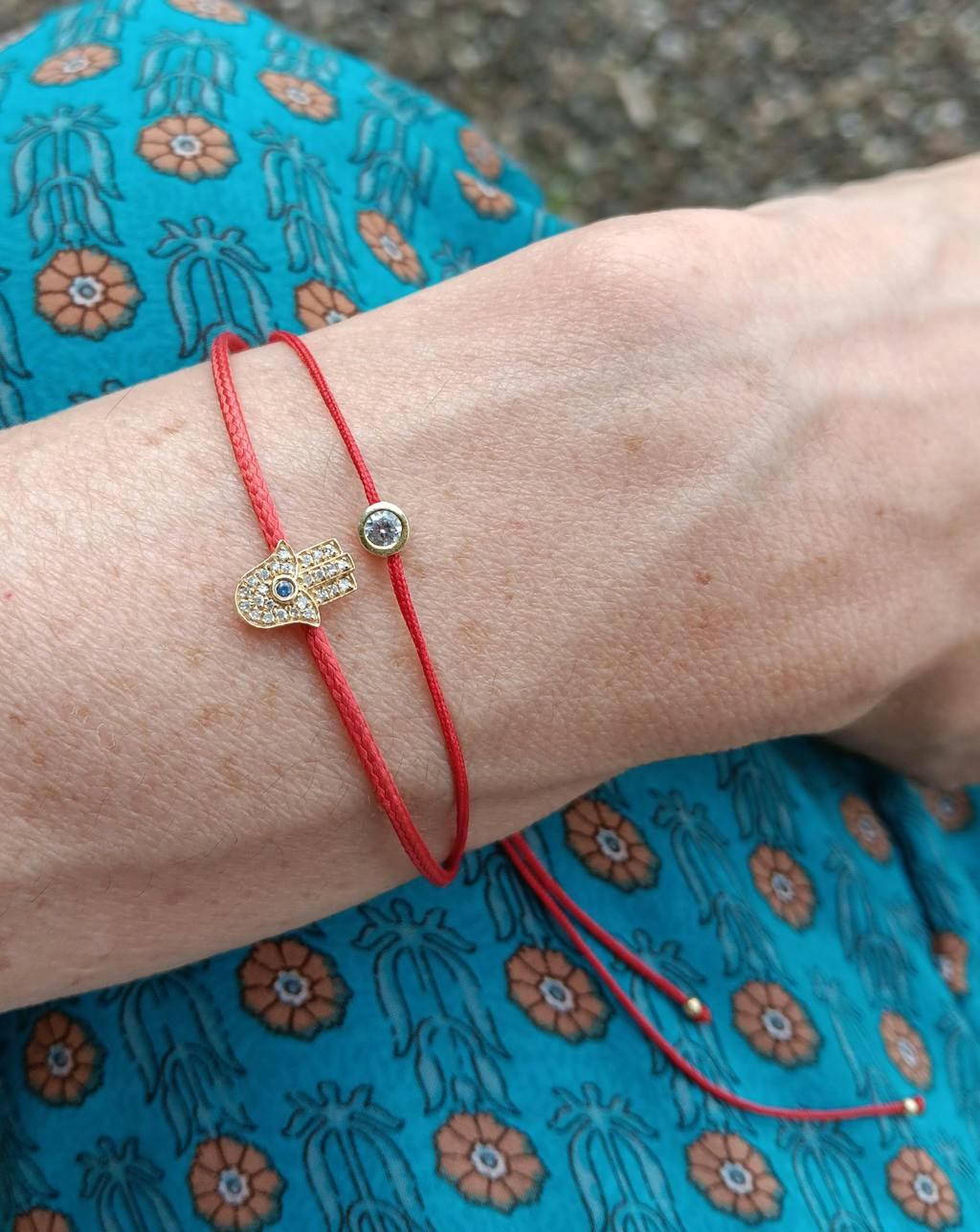 Red String Bracelet with Diamond Bezel in 14k Yellow Gold – Alef Bet by ...