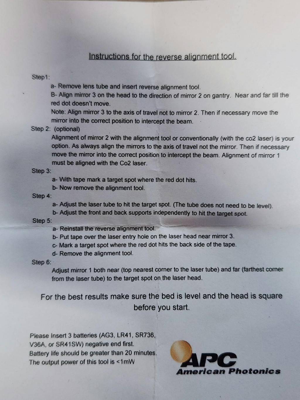 American Photonics Mirror Alignment Tool for Co2 Laser Cutter and Engr