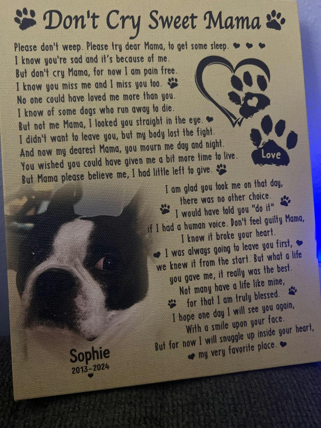 Don't Cry Sweet Mama Dog Poem | Custom Dog Memorial Canvas Print | Paw