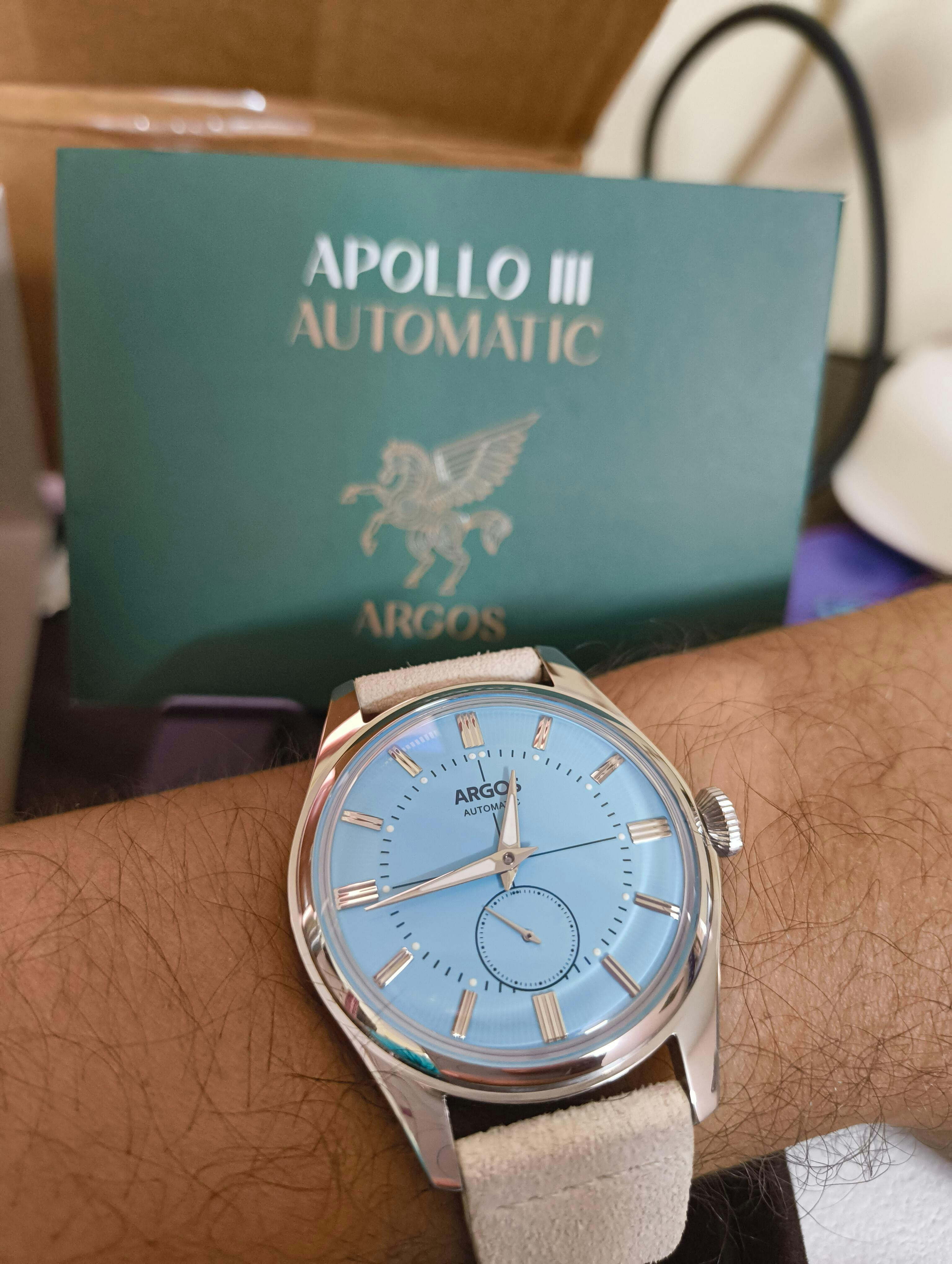 Argos Apollo III - Ice Blue Silver with Italian Suede Leather Strap
