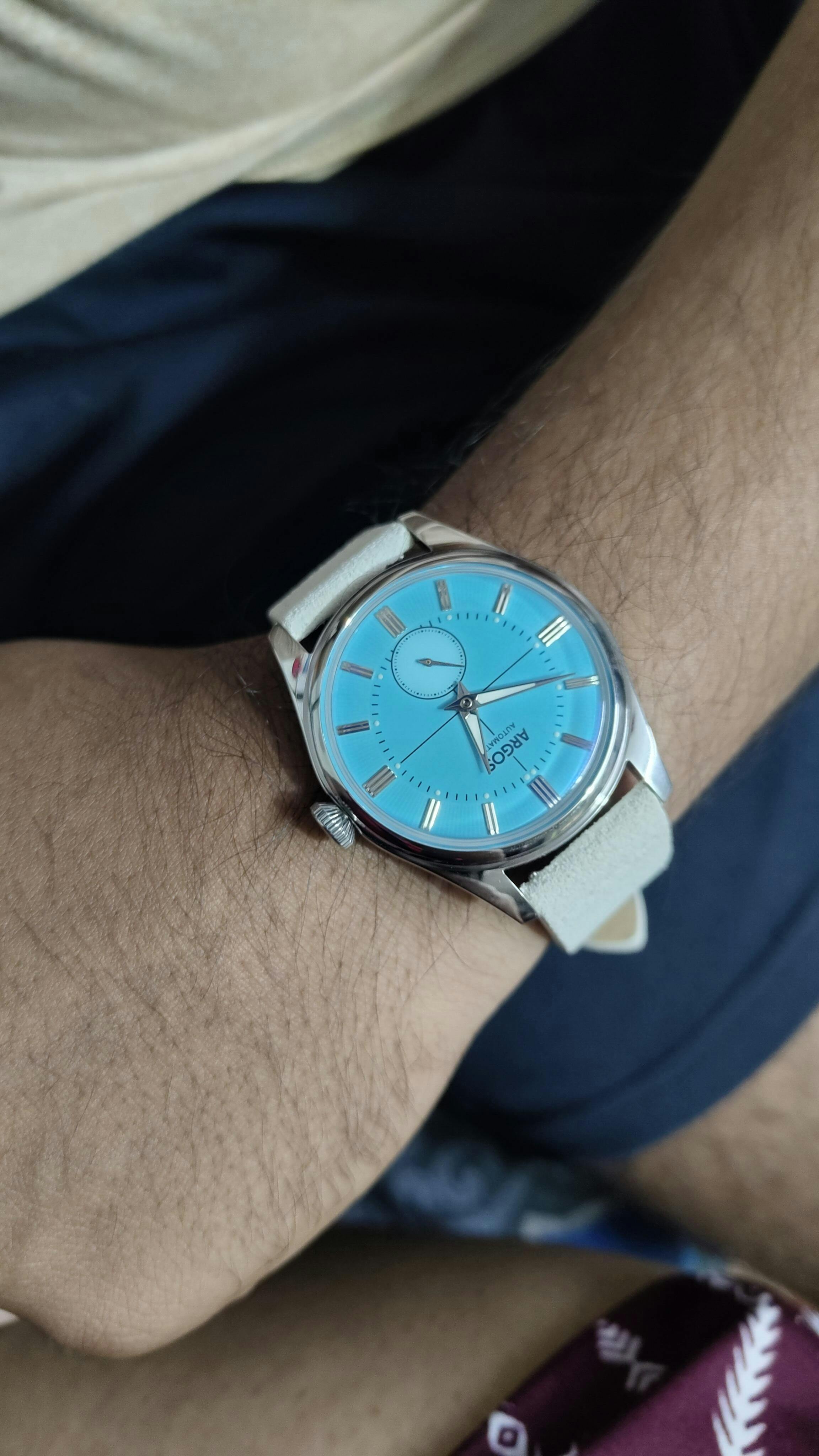 Argos Apollo III - Ice Blue Silver with Italian Suede Leather Strap
