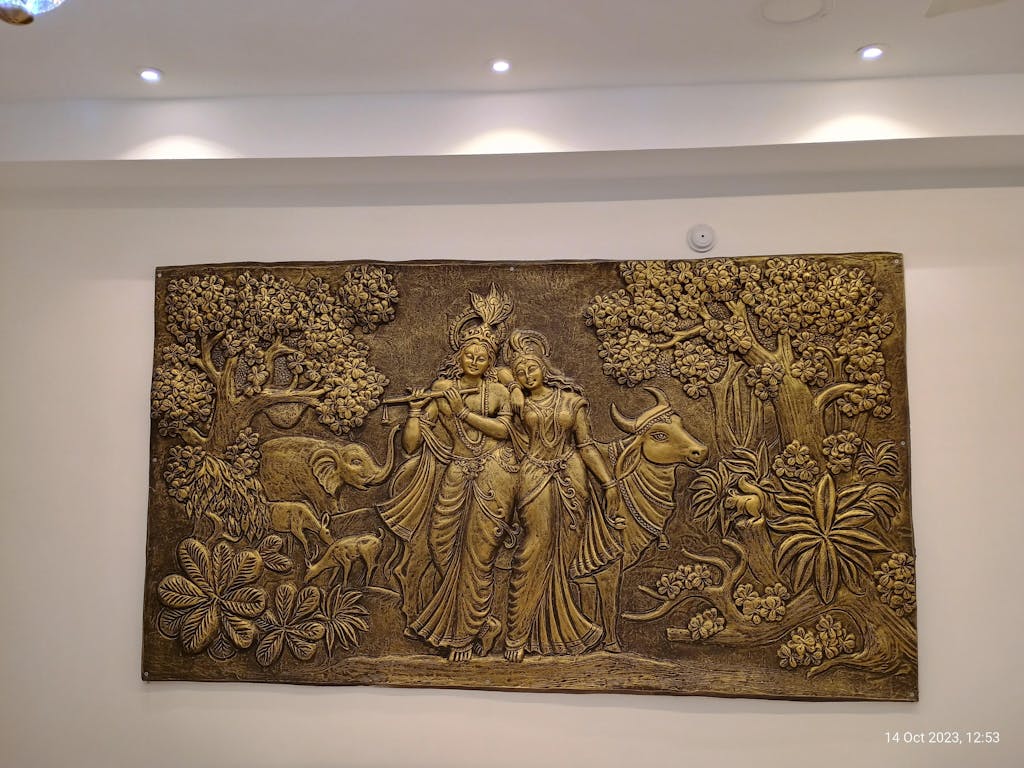 Buy 7x4 Feet Radha Krishna 3D Elevation Sculpture Relief Mural Wall Art Online - Artociti