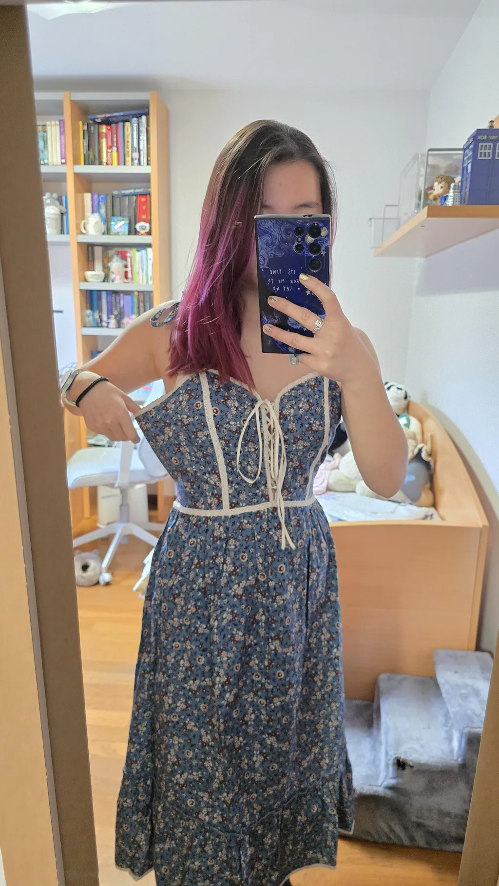 70s Inspired Blue Floral Lace Up Midi Sundress - Michaela Dress ...