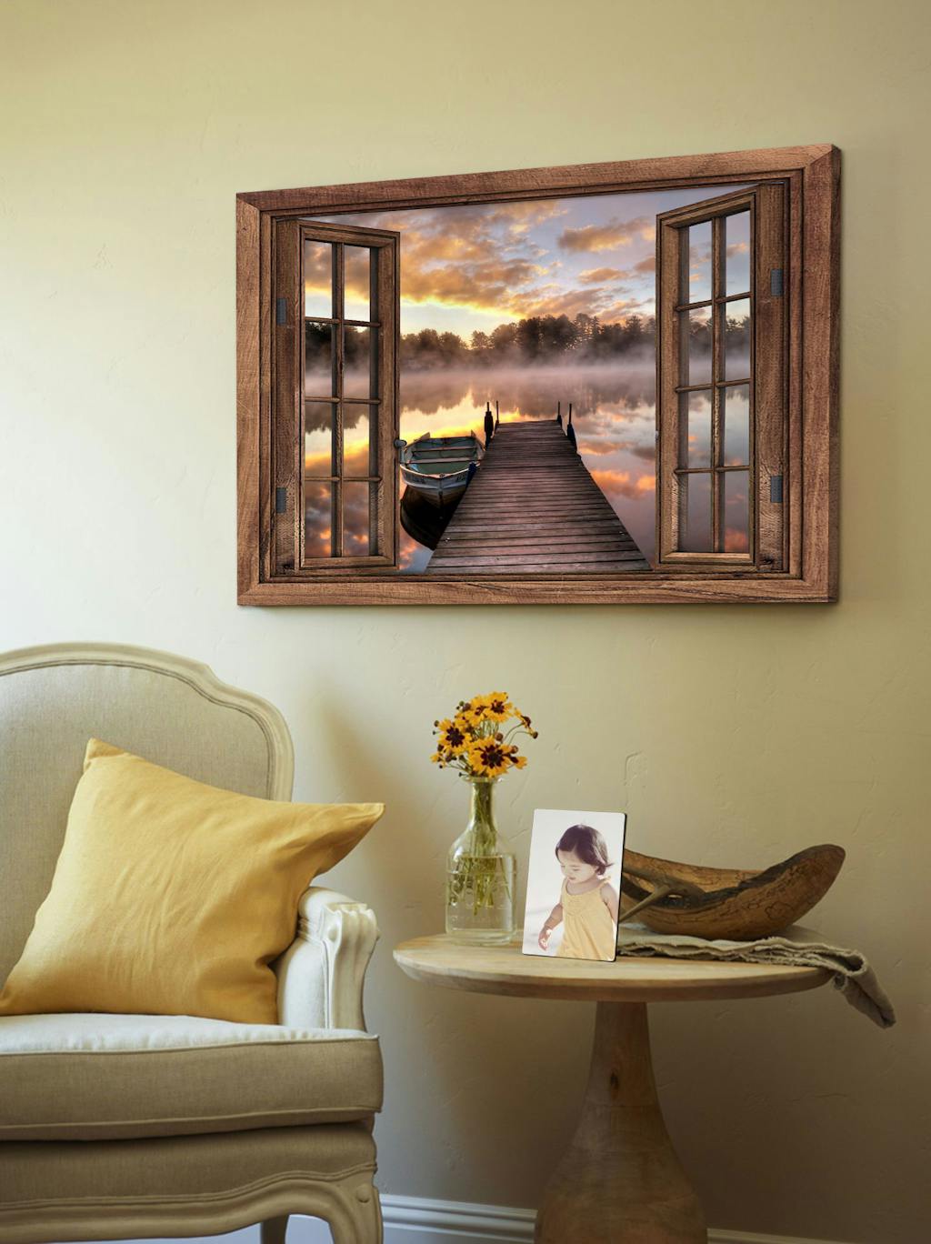 Window Canvas Print Top 03 Beautiful Lake Through Window With Boat Art ...