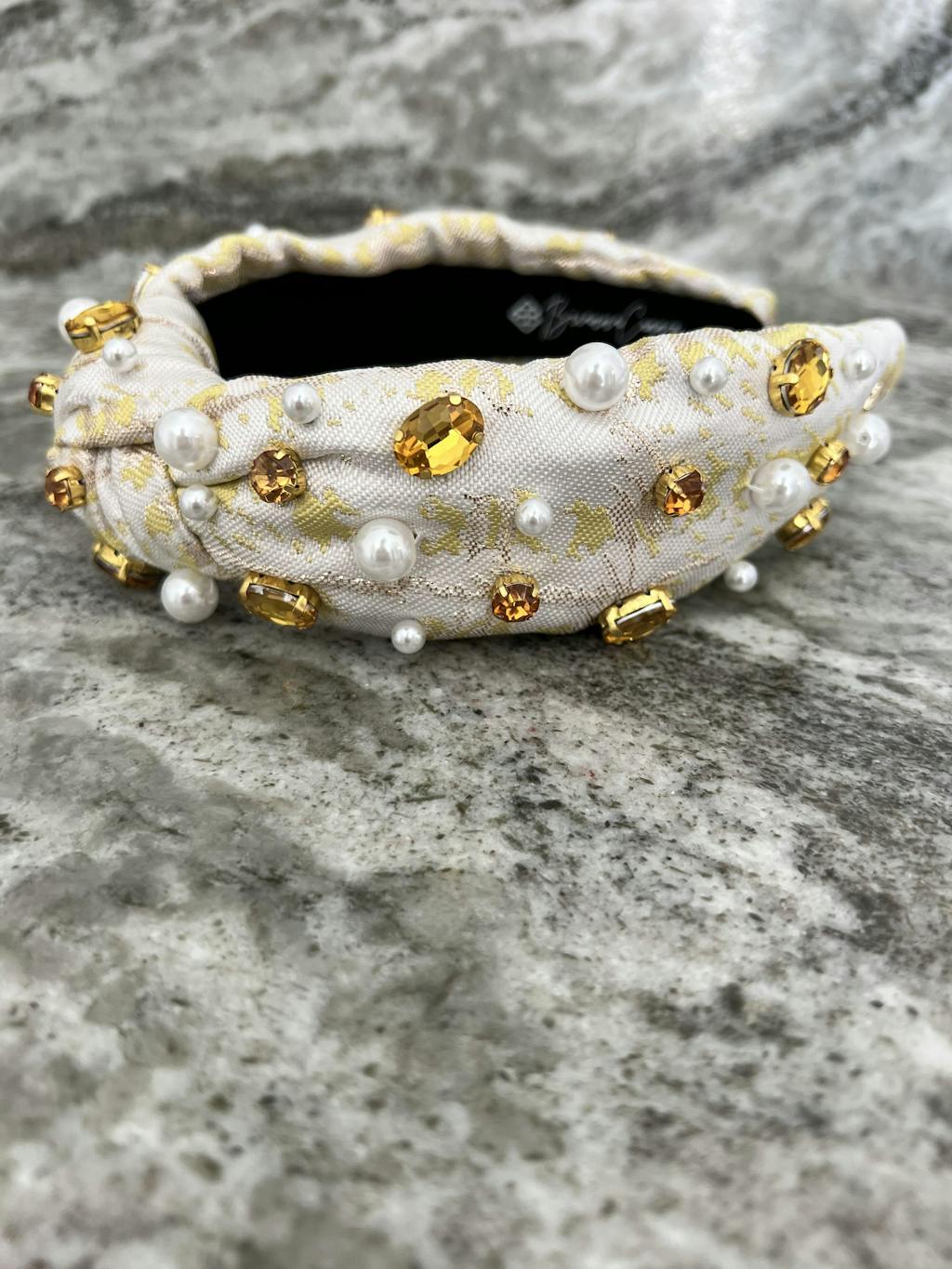 Yellow Jacquard Metallic Headband with Crystals and Pearls – Brianna Cannon
