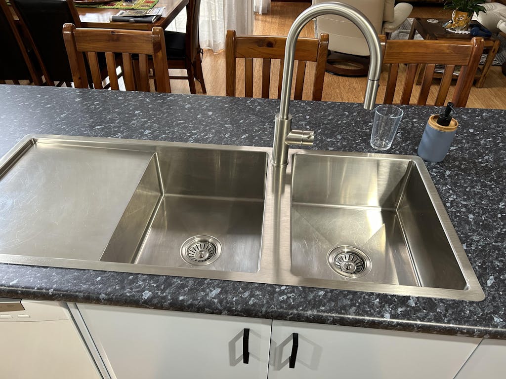 Alma Theo 1200x500 Double Bowl Tap Landing with Left Drain Board Sink ...