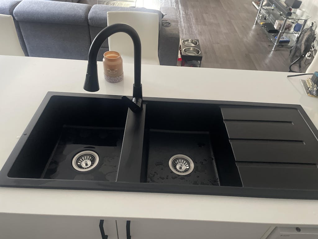 Alma Darlene 1200x500 Black Granite Drainboard Double Bowl Sink – Buildmat