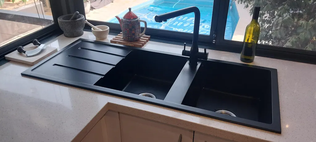 Alma Darlene 1200x500 Black Granite Drainboard Double Bowl Sink – Buildmat