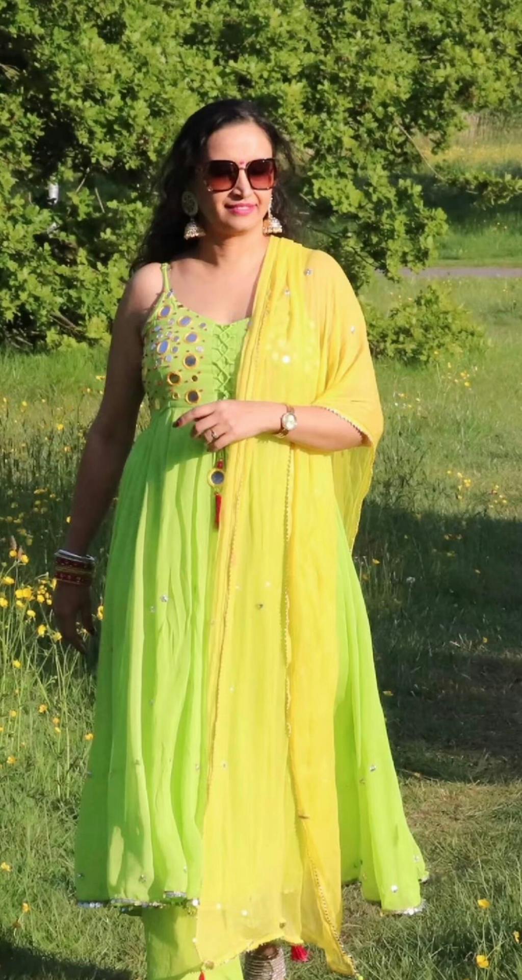 Yellow Green Mirror Work Anarkali Suit Set For Women Online