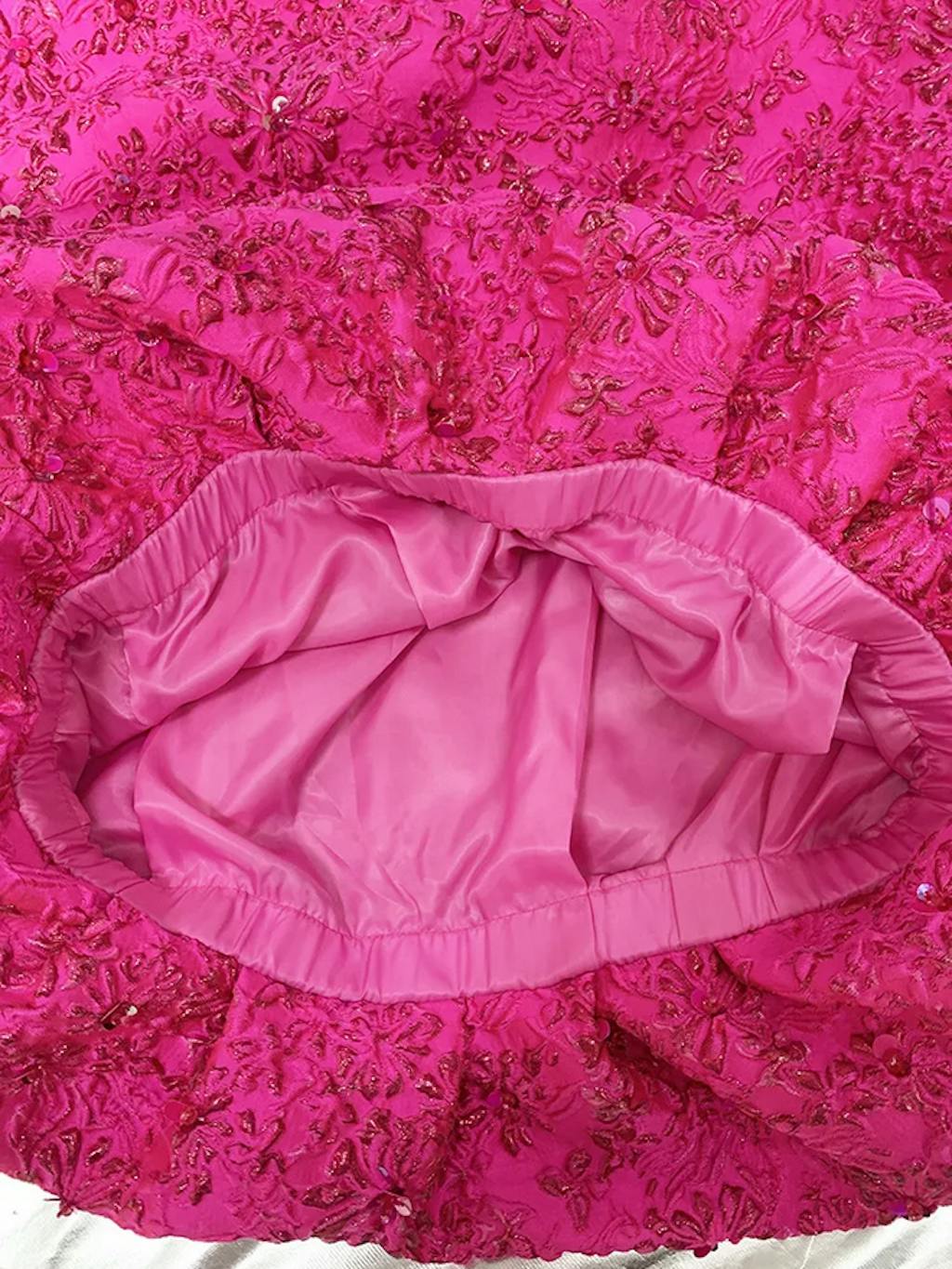 Pink Slash Neck Off Shoulder Floral Jacquard Bejeweled Dress With Tigh ...