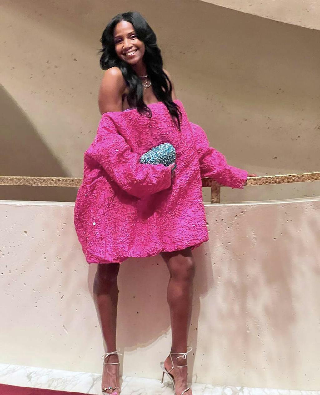 Pink Slash Neck Off Shoulder Floral Jacquard Bejeweled Dress With Tigh ...