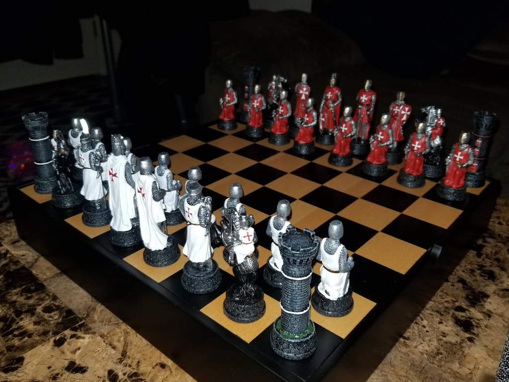 Crusades Chess Set on Black & Maple Chest