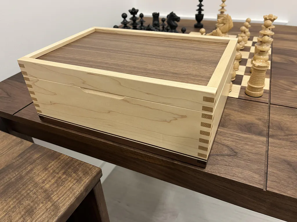 JLP Walnut and Maple Premium Hardwood Chess Piece Box (for standing pi