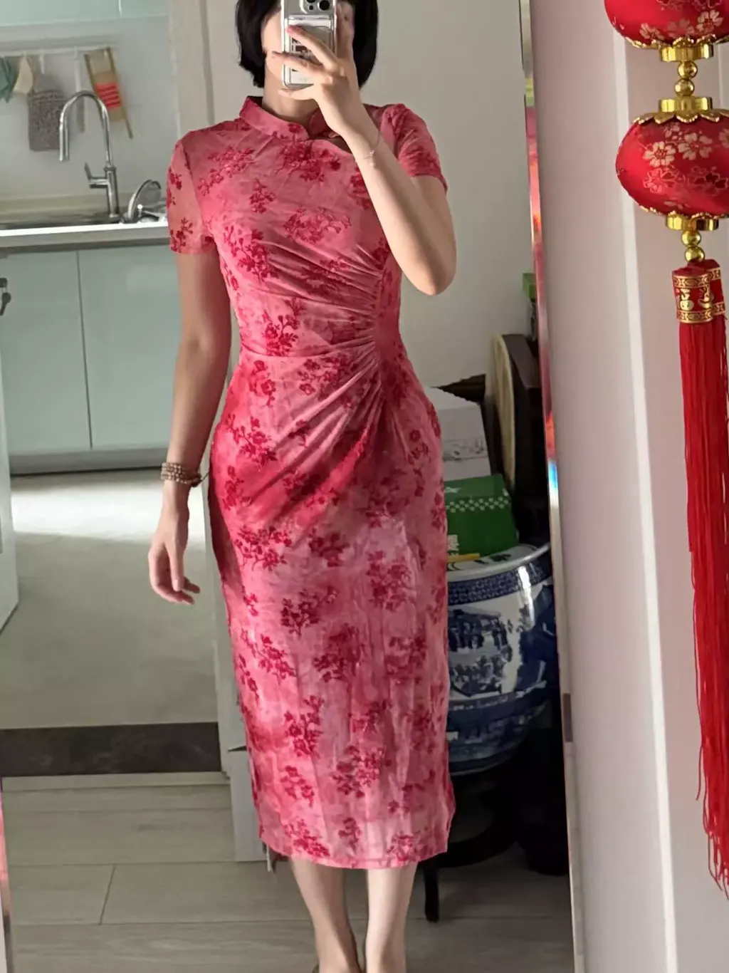 Sheer Floral Cheongsam-Inspired Maxi Dress
