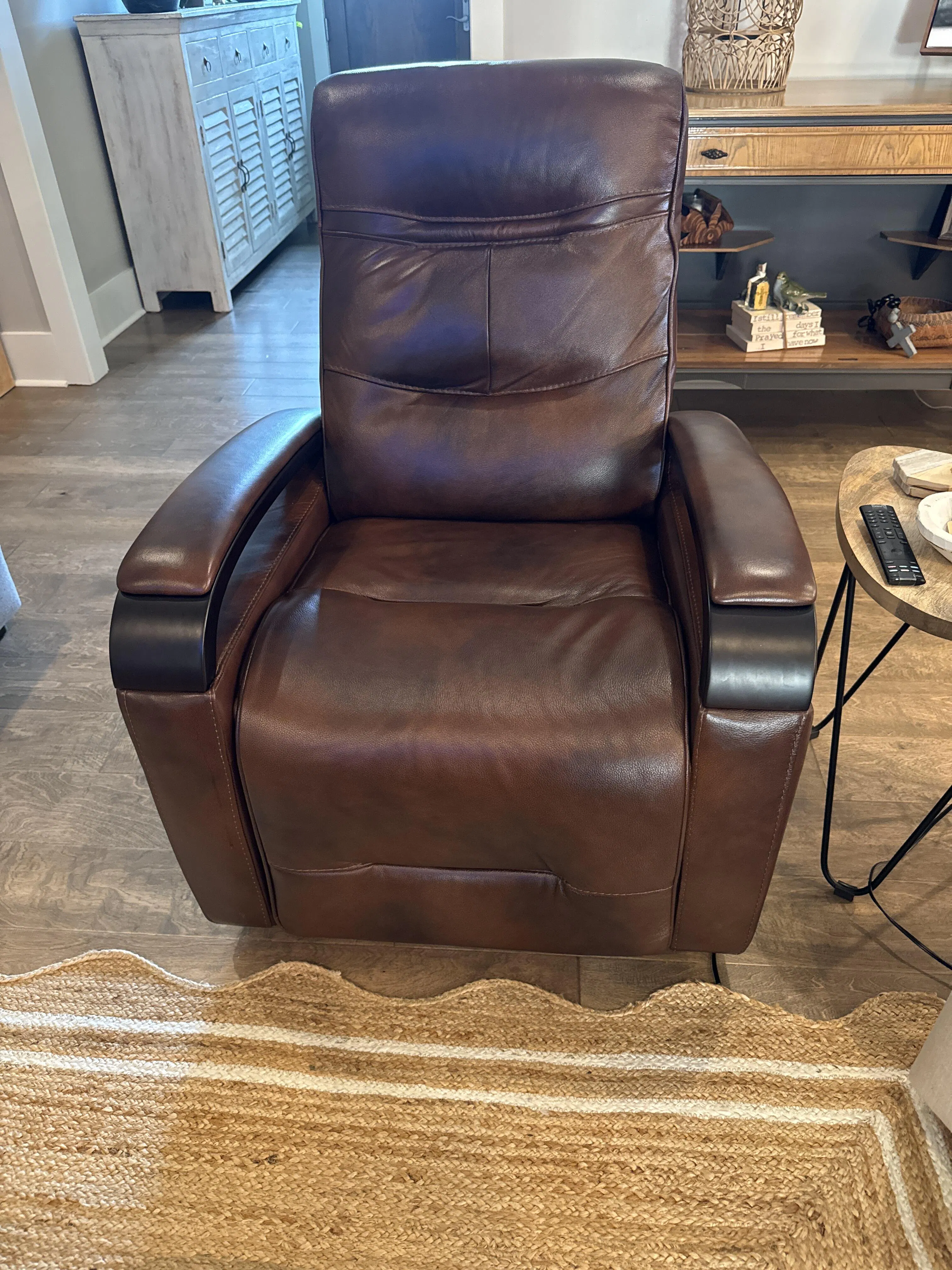 Gentry Leather Power Recliner | USB Port | Contrast Wooden Armrests ...