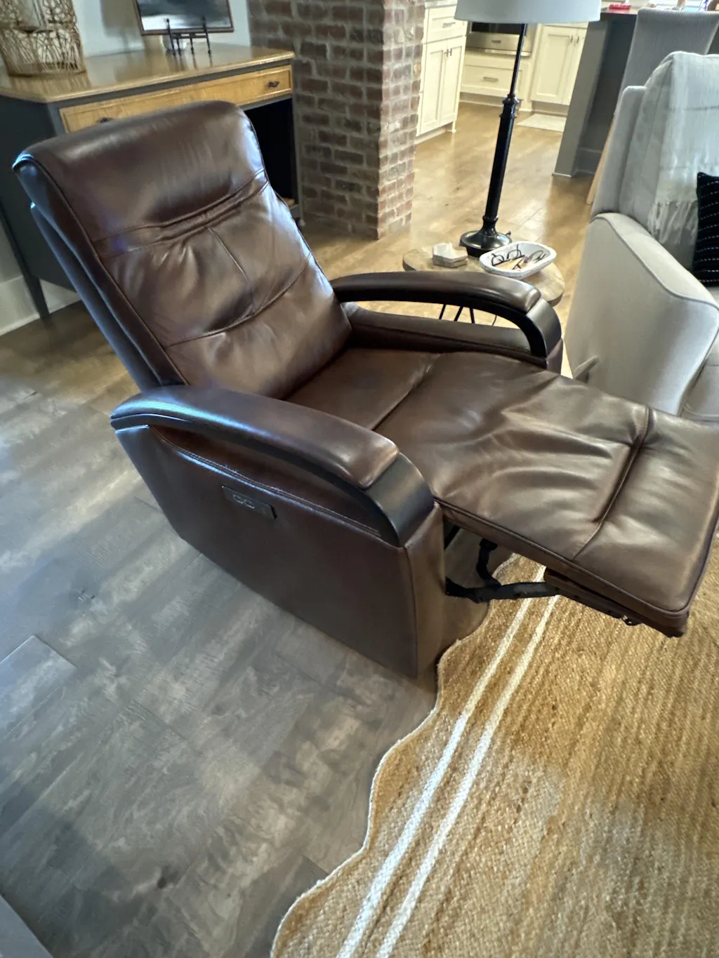 Gentry Leather Power Recliner | USB Port | Contrast Wooden Armrests ...