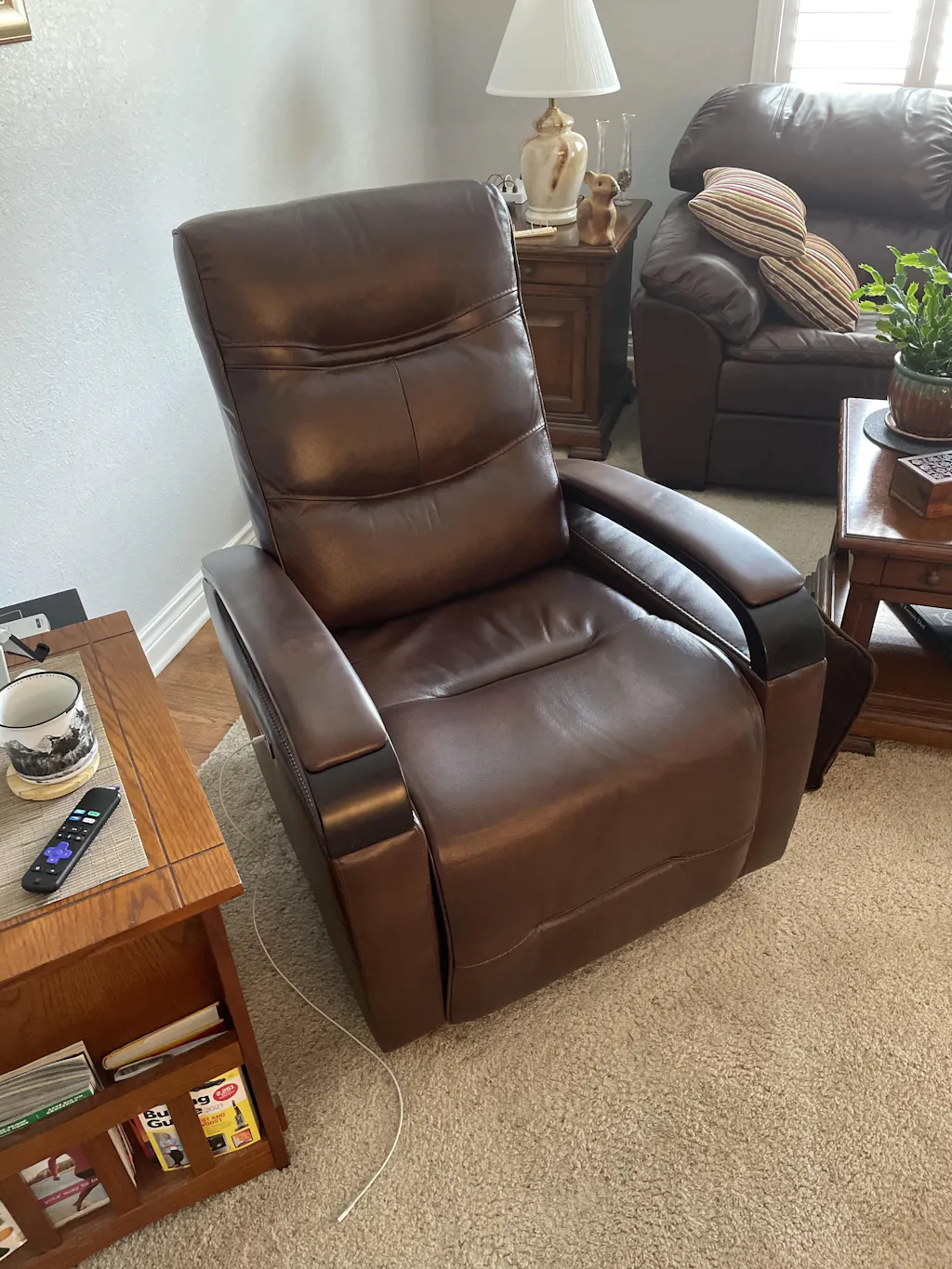 Gentry Leather Power Recliner | USB Port | Contrast Wooden Armrests ...
