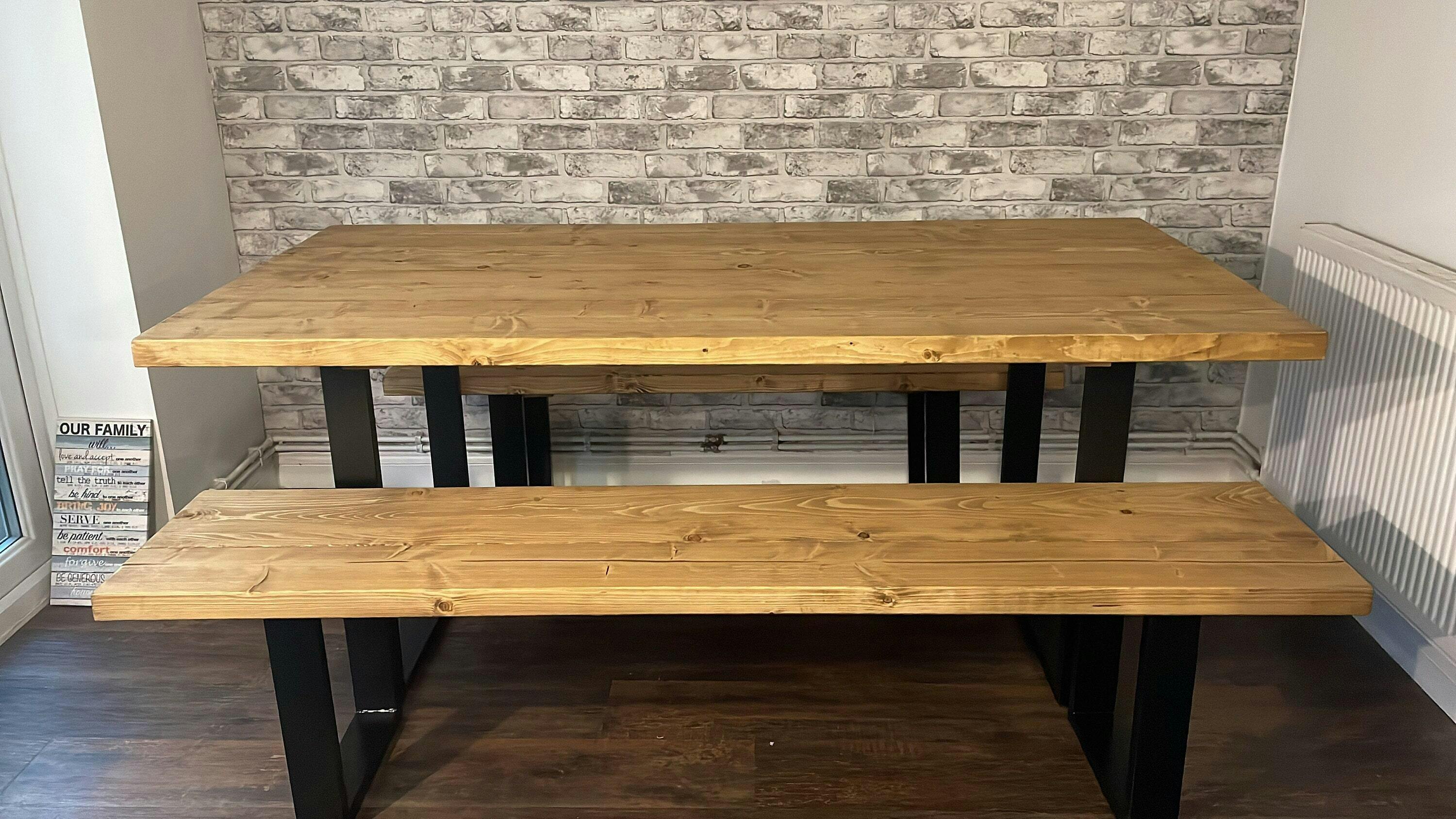 Rustic Scaffold Board Dining Table & Bench Set on Square Steel Legs, I ...