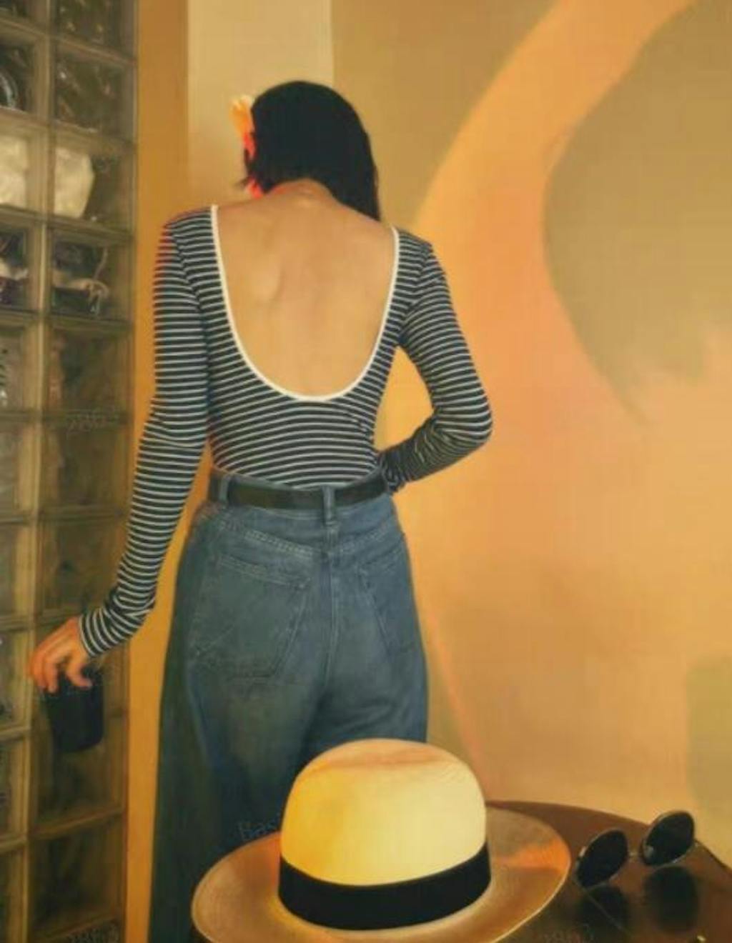 Open Back Stripe Long Sleeve Bodysuit | COMMENSE