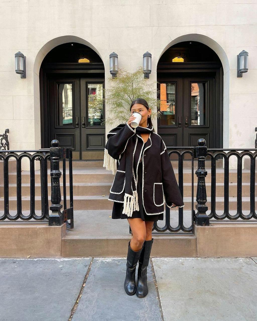 Contrast Trim Jacket With Matching Scarf | COMMENSE