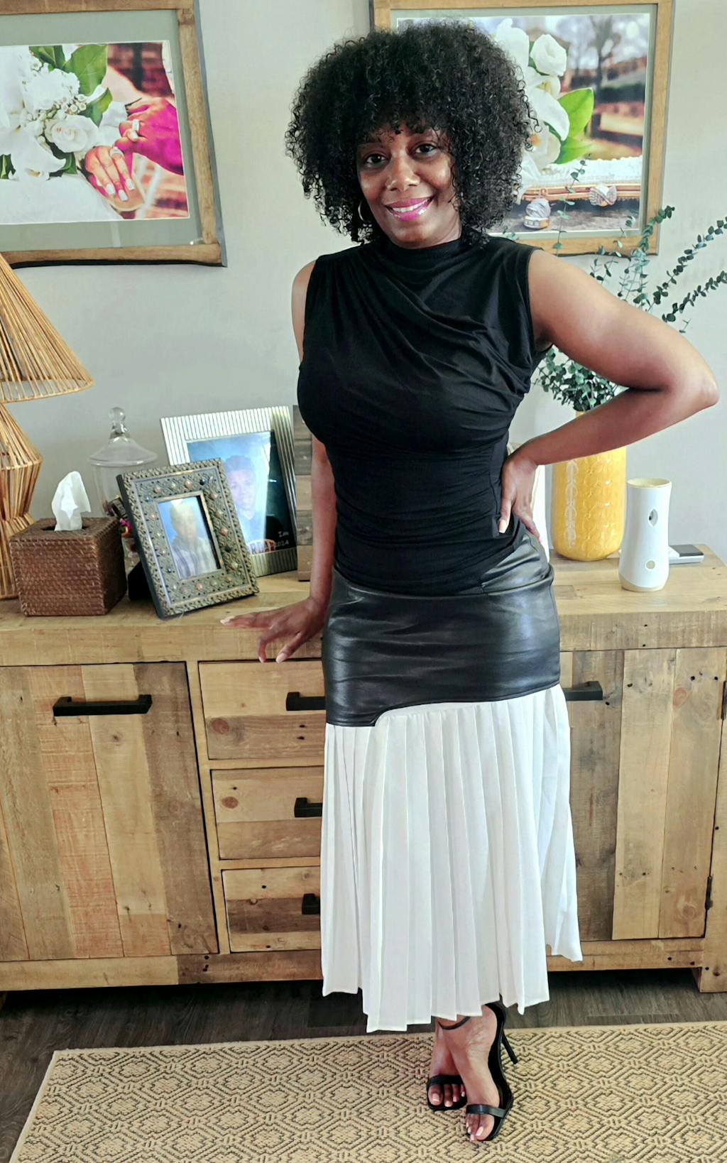 Asymmetric Patchwork Faux Leather Chiffon Pleated Midi Skirt – COMMENSE