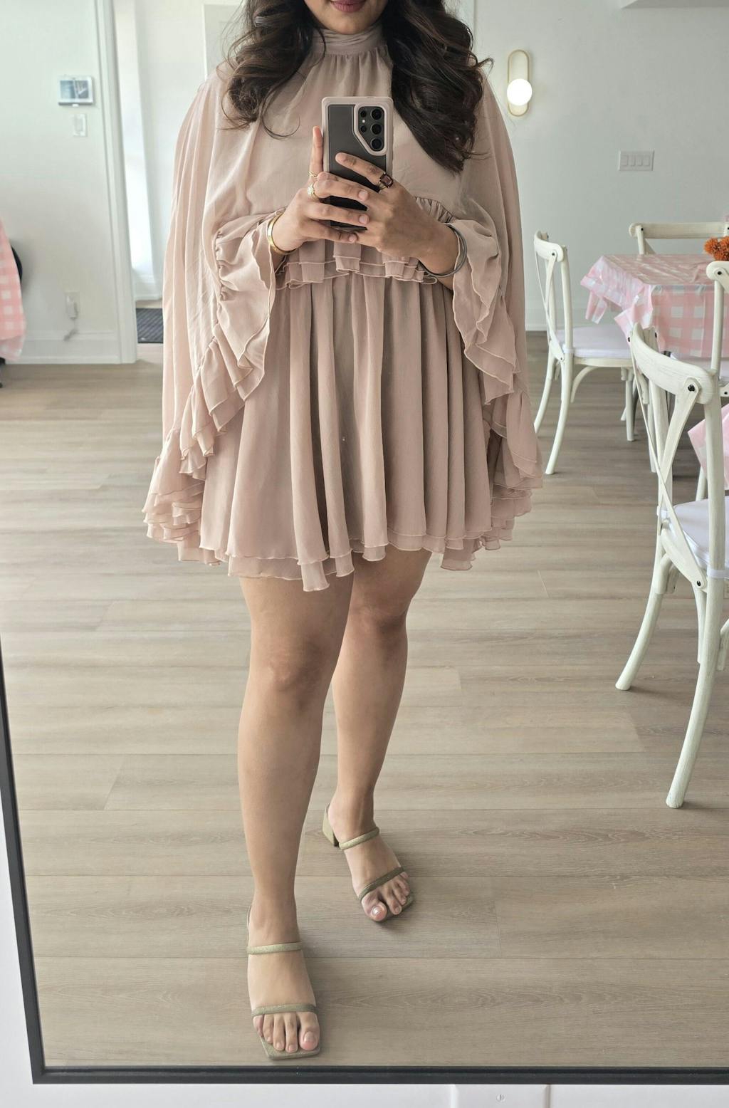 Semi-Sheer Chiffon Ruffle Dress With Outer Cape – COMMENSE