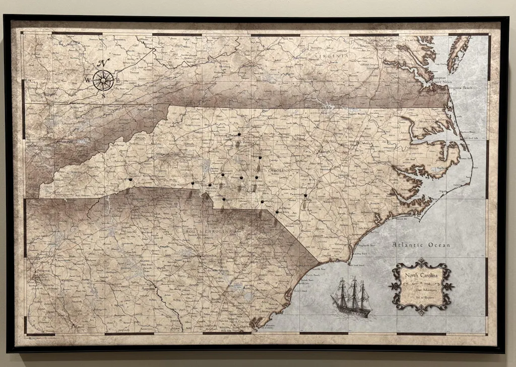 Rustic Vintage North Carolina Travel Map - Push Pins Included