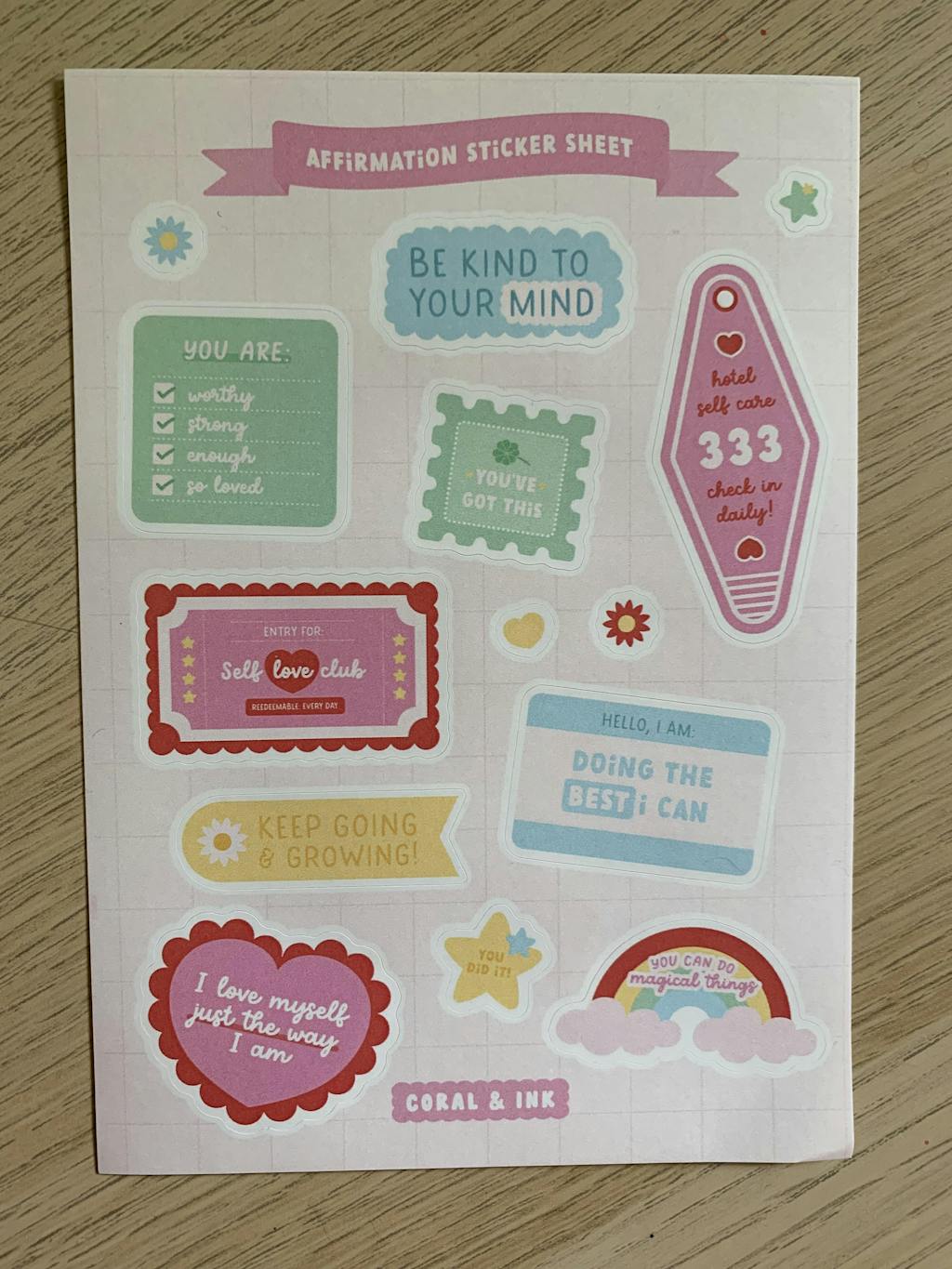 Cute Affirmations Sticker Sheet | Kawaii Journal Supplies UK – Coral & Ink