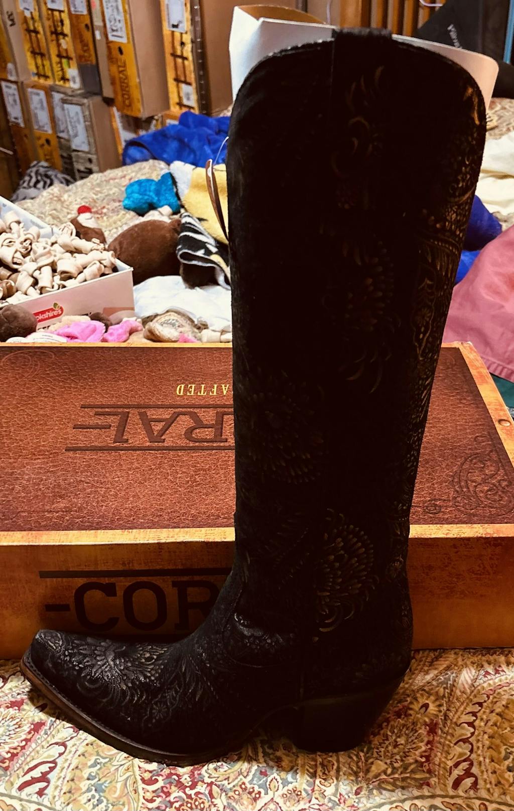 floral gold stamped black suede tall top women's boots A4481 – Corral ...