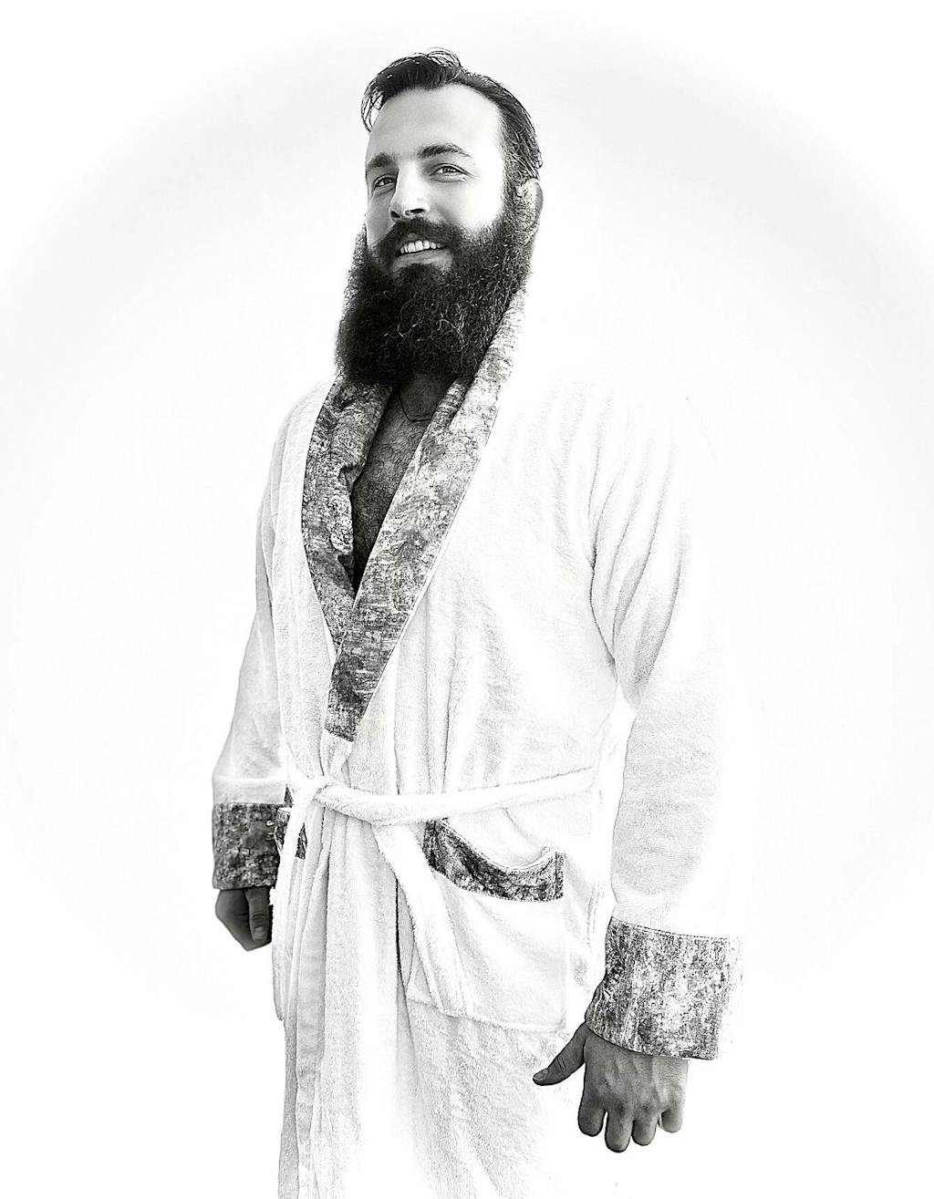 Ela Men's White Bathrobe Set, Grey Velvet Applied Luxury Designer Robe