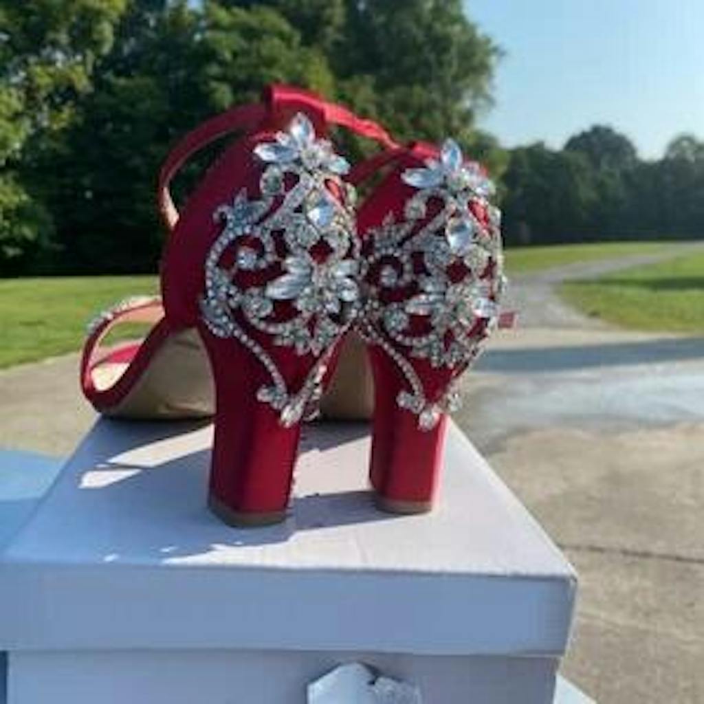 Red Bridal Shoes with Sparkly Crystal Design Red Block Heels – Custom ...