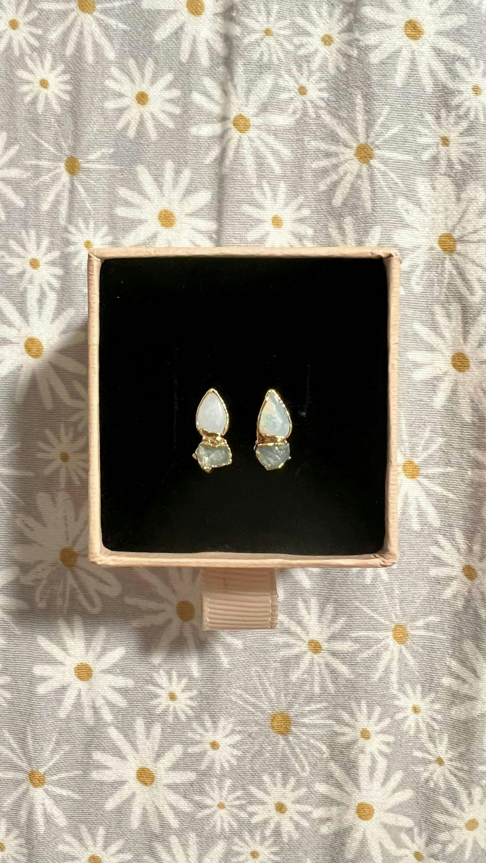 Dainty Gold Opal & Aquamarine Bohemian Stud Earrings - Dani Barbe