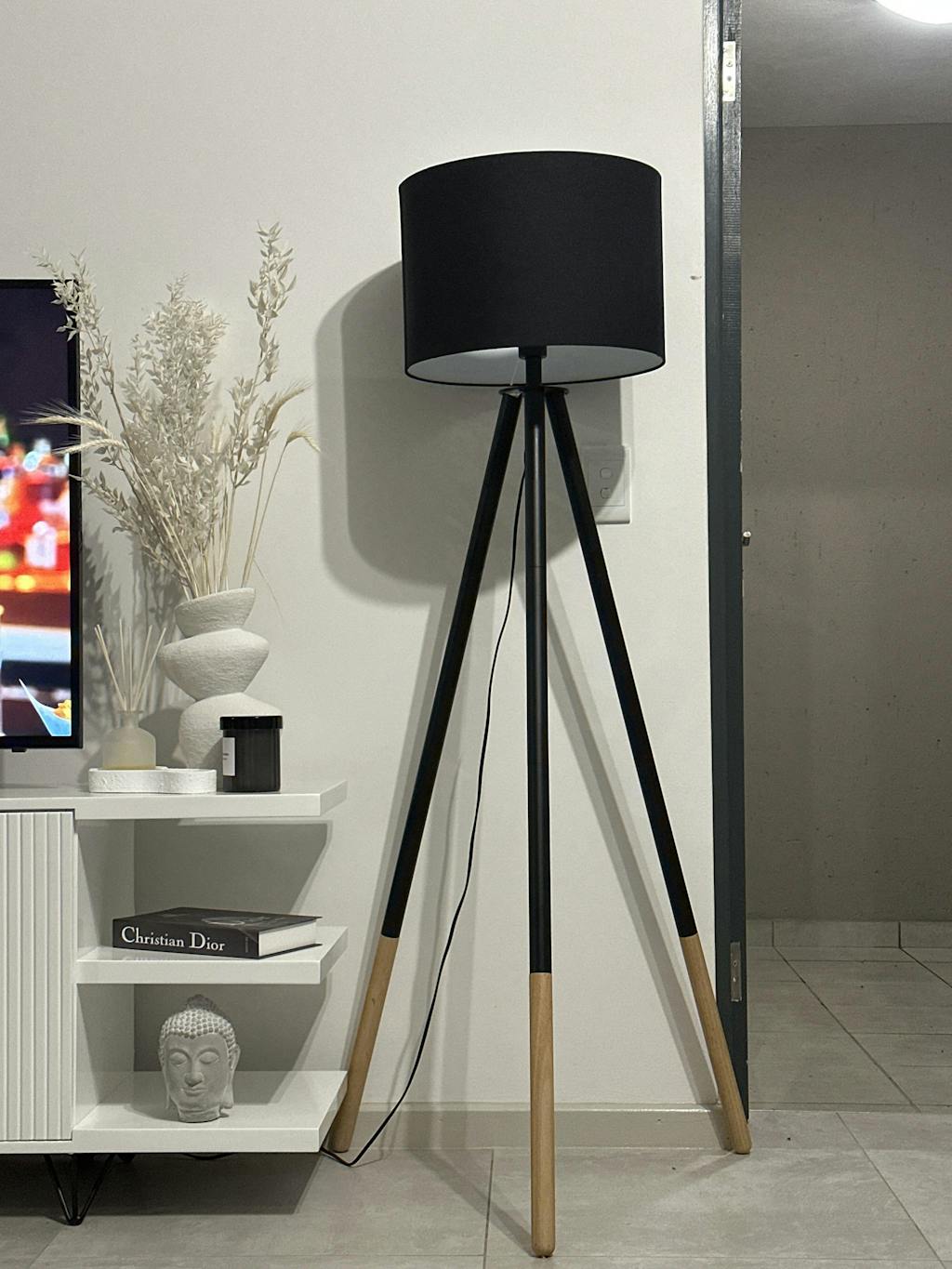 Decofurn | Lamp Floor-wooden Tripod-black Fabric Shade – Decofurn Furniture