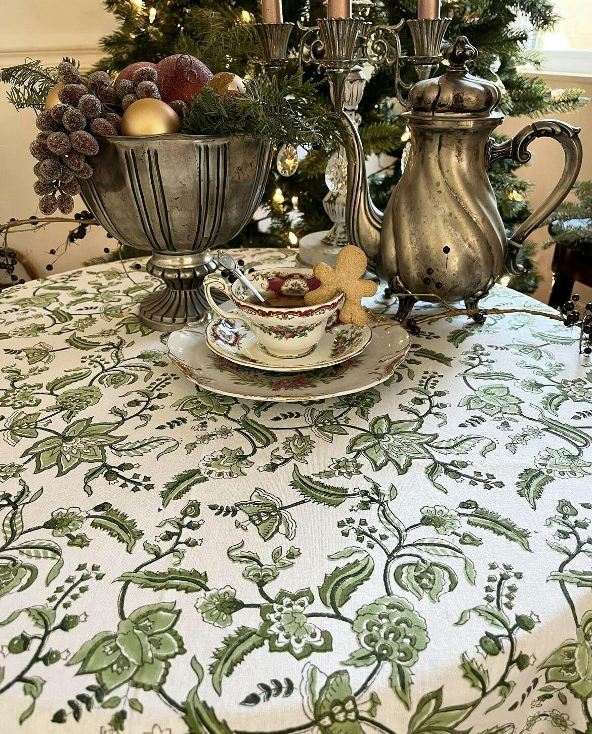 Green Tablecloth Block printed – Decor Mantra