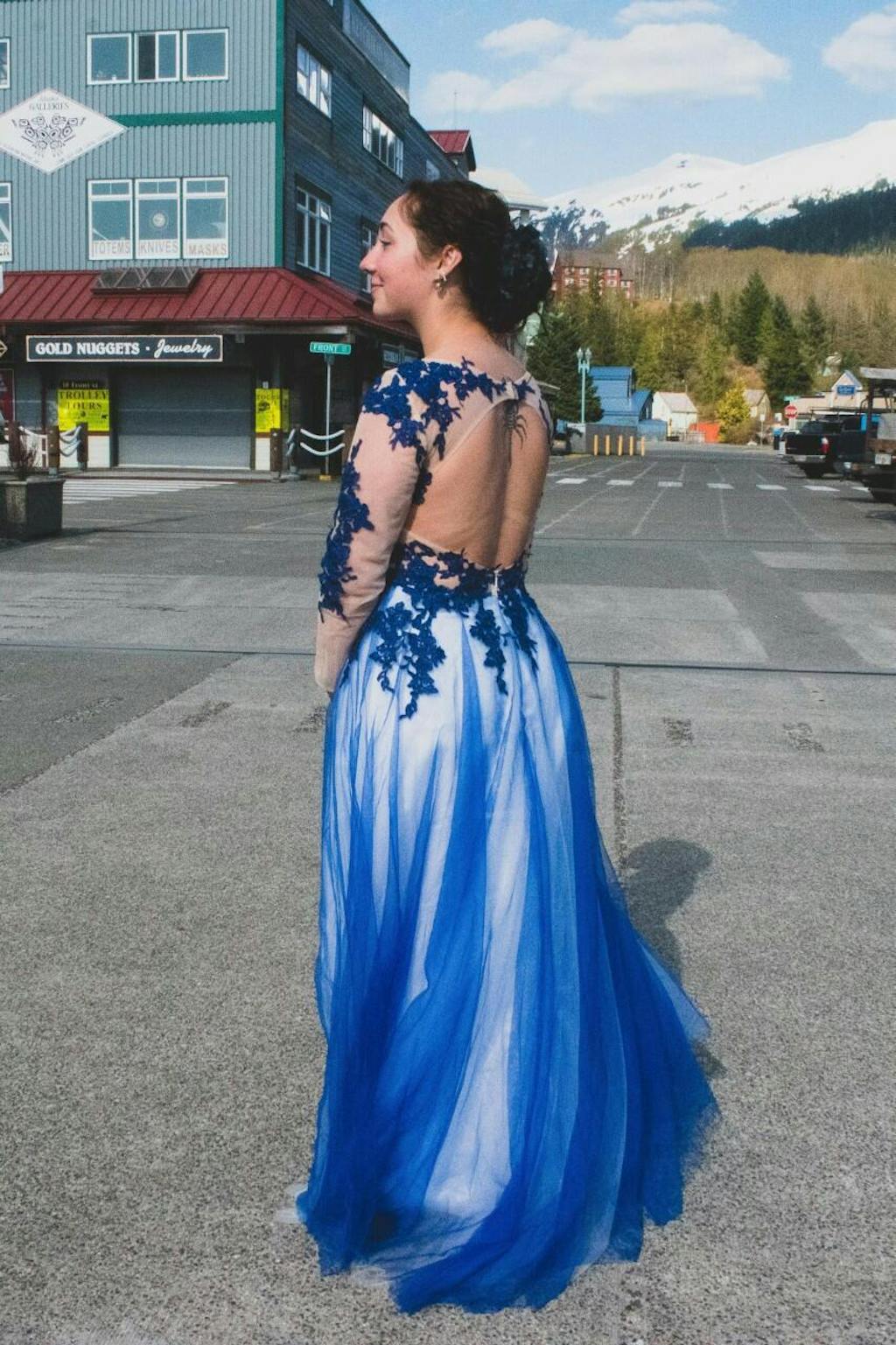 Blue Lace See Through Tulle Long Formal Prom Dress with Sleeves