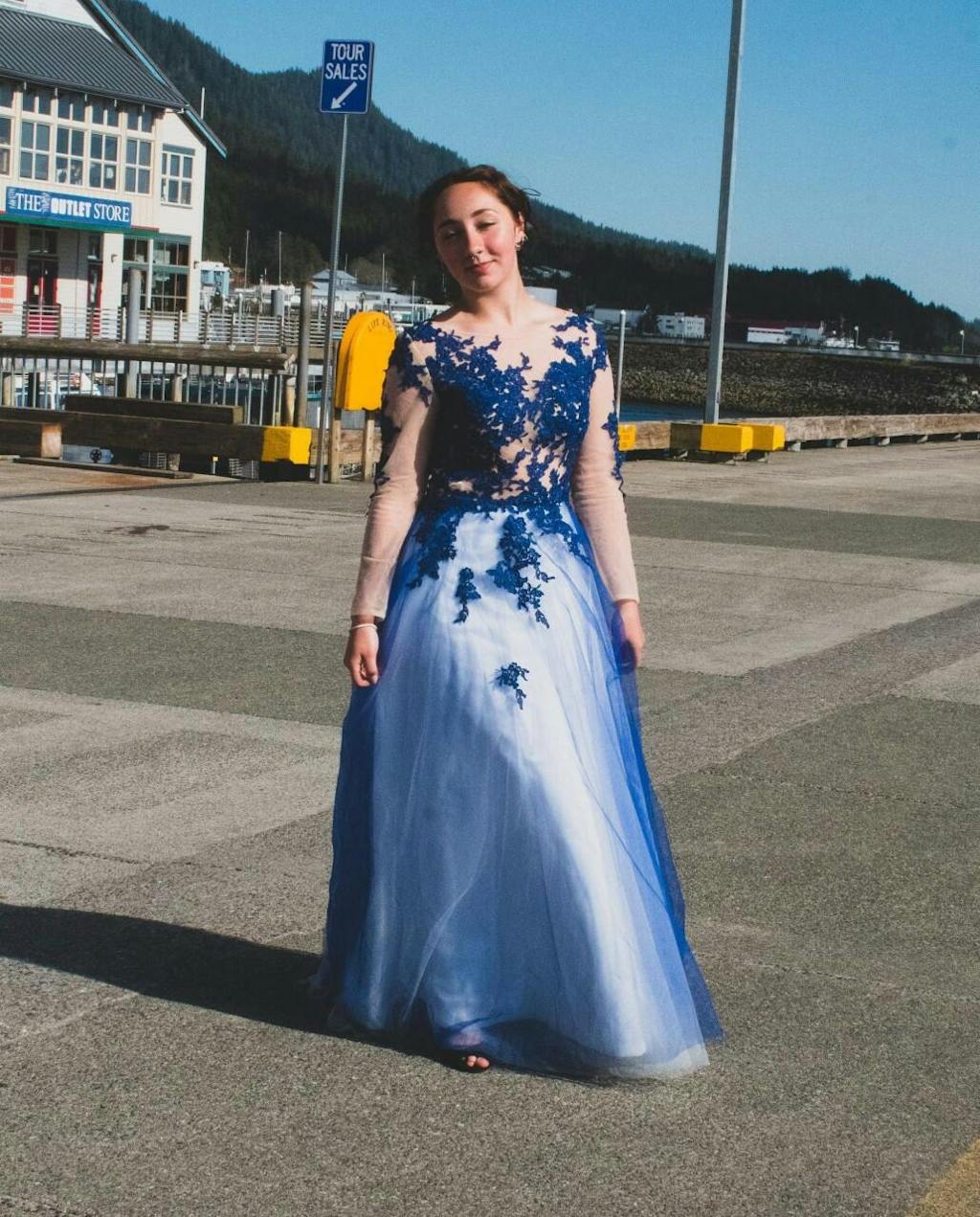 Blue Lace See Through Tulle Long Formal Prom Dress with Sleeves