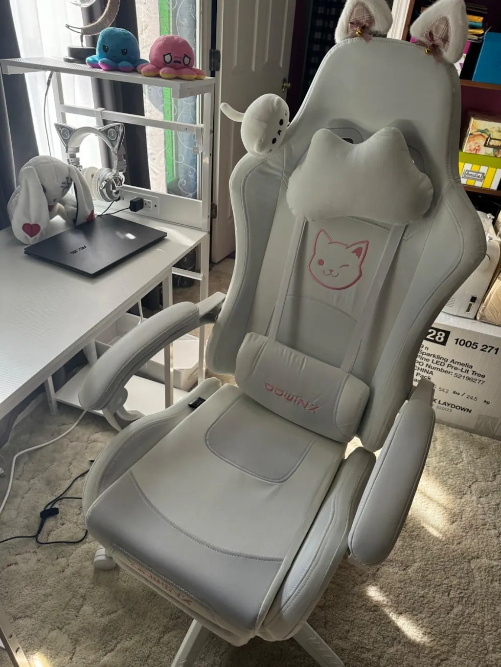 Dowinx Gaming Chair Cute with Cat Ears and Massage Lumbar Support White ...