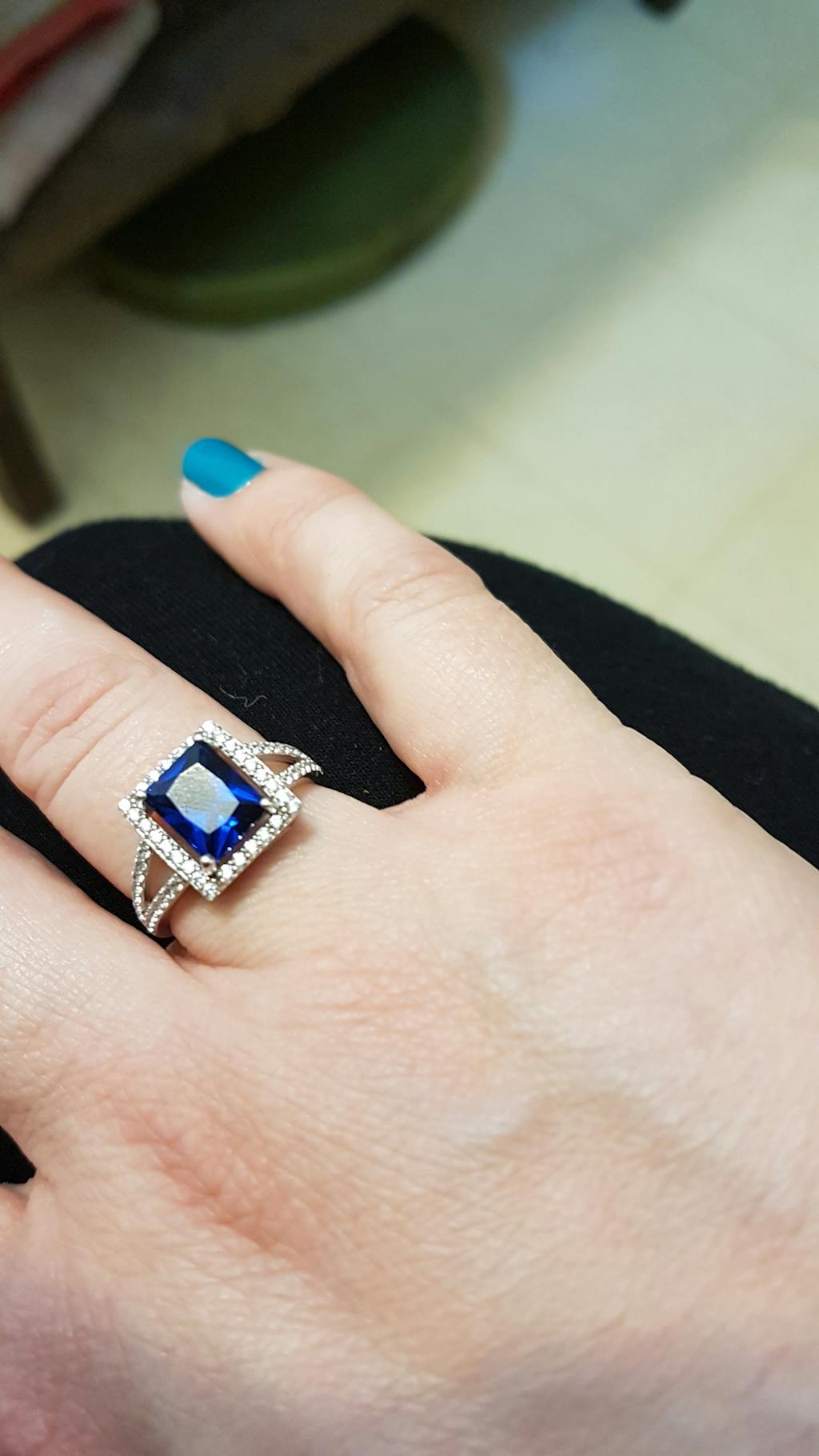 Sterling Silver Blue Sapphire Rectangular Halo CZ Ring