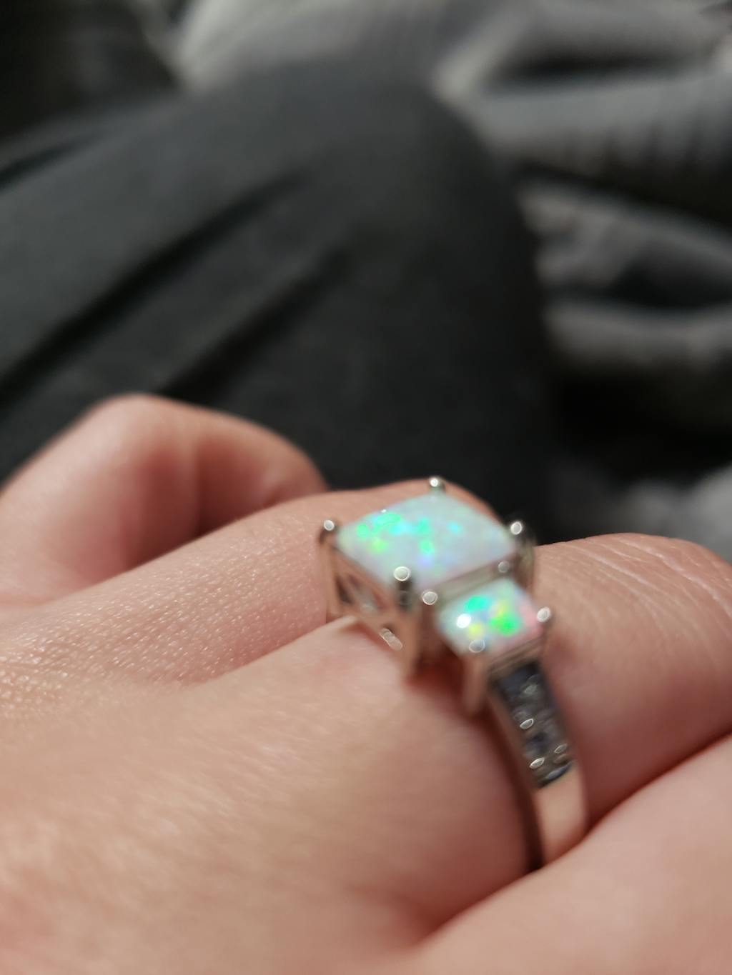 Sterling Silver White Lab Opal Square CZ Ring