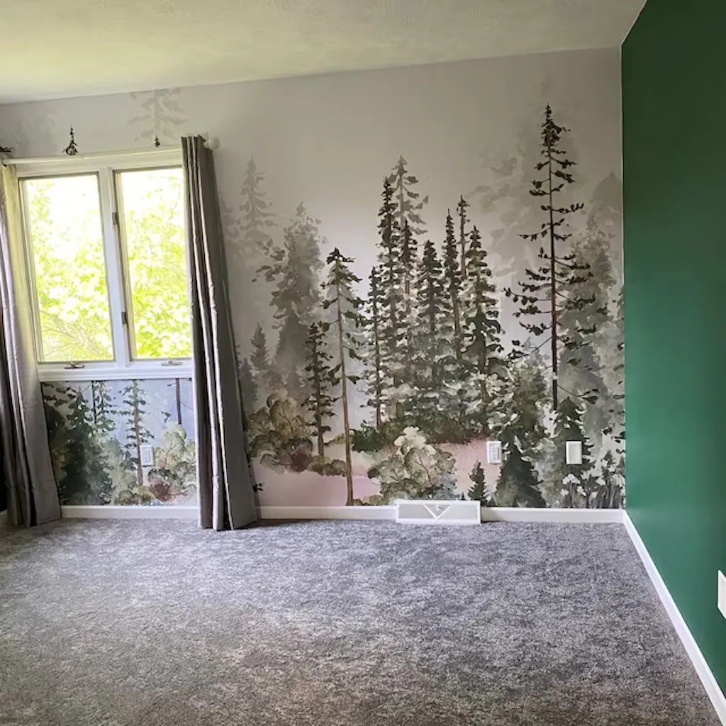 Tranquil Forest Mural Wallpaper: Green Watercolour Nature Landscape Design
