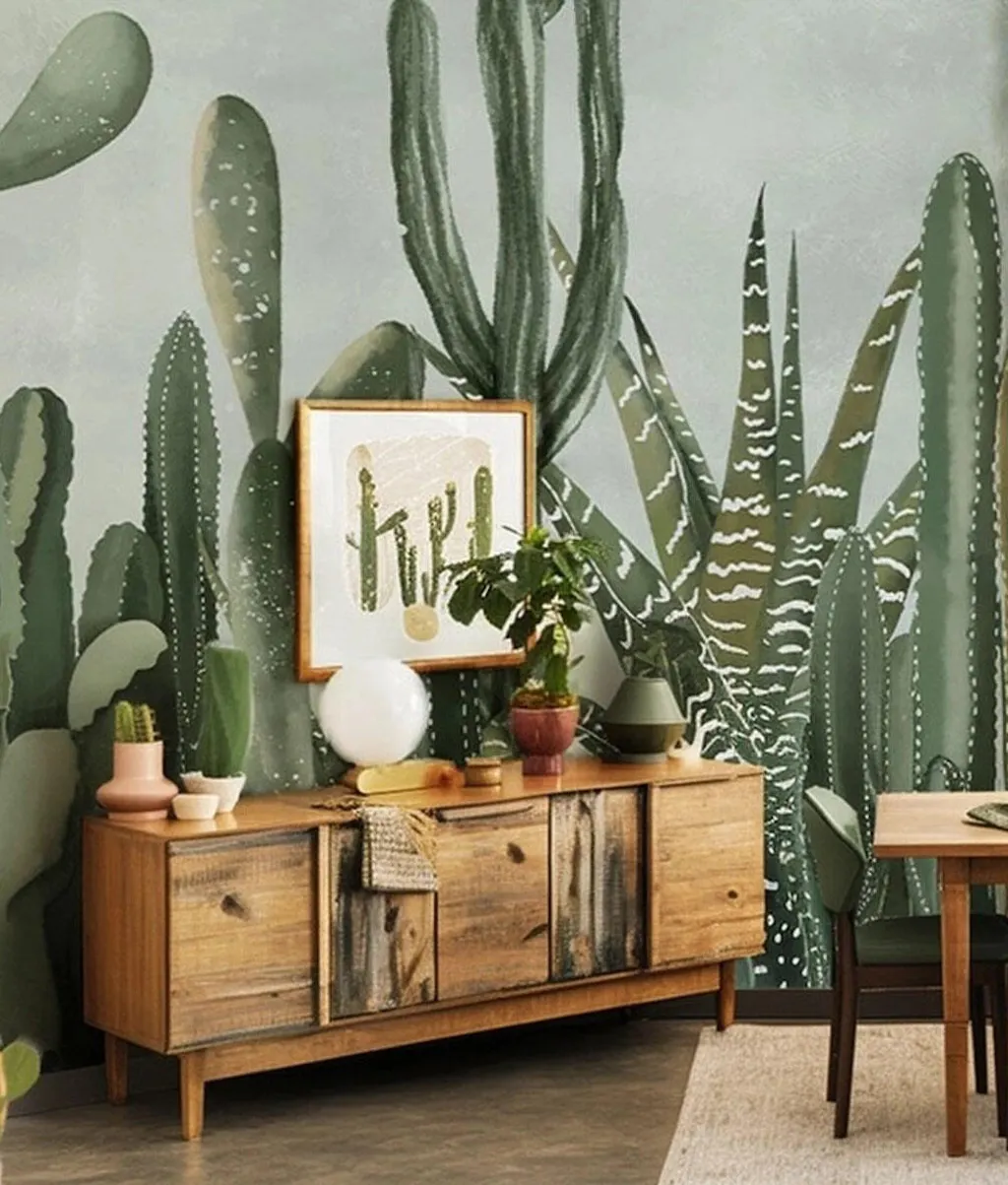 Elegant Green Cactus Mural Wallpaper - Desert Botanical Oasis Design