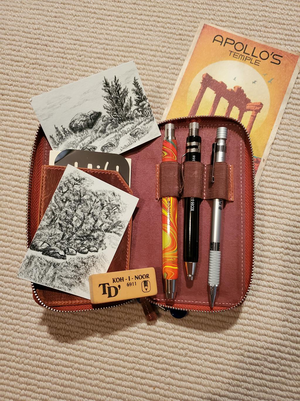 Handmade Leather Zippered 3 Slots Pen Case - Purple - Galen Leather