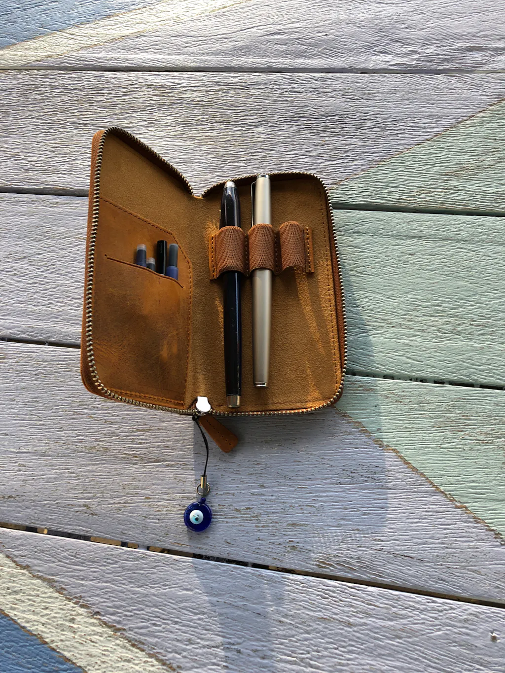 Handmade Leather Zippered 3 Slot Pen Case - Smoky Grey | Galen Leather