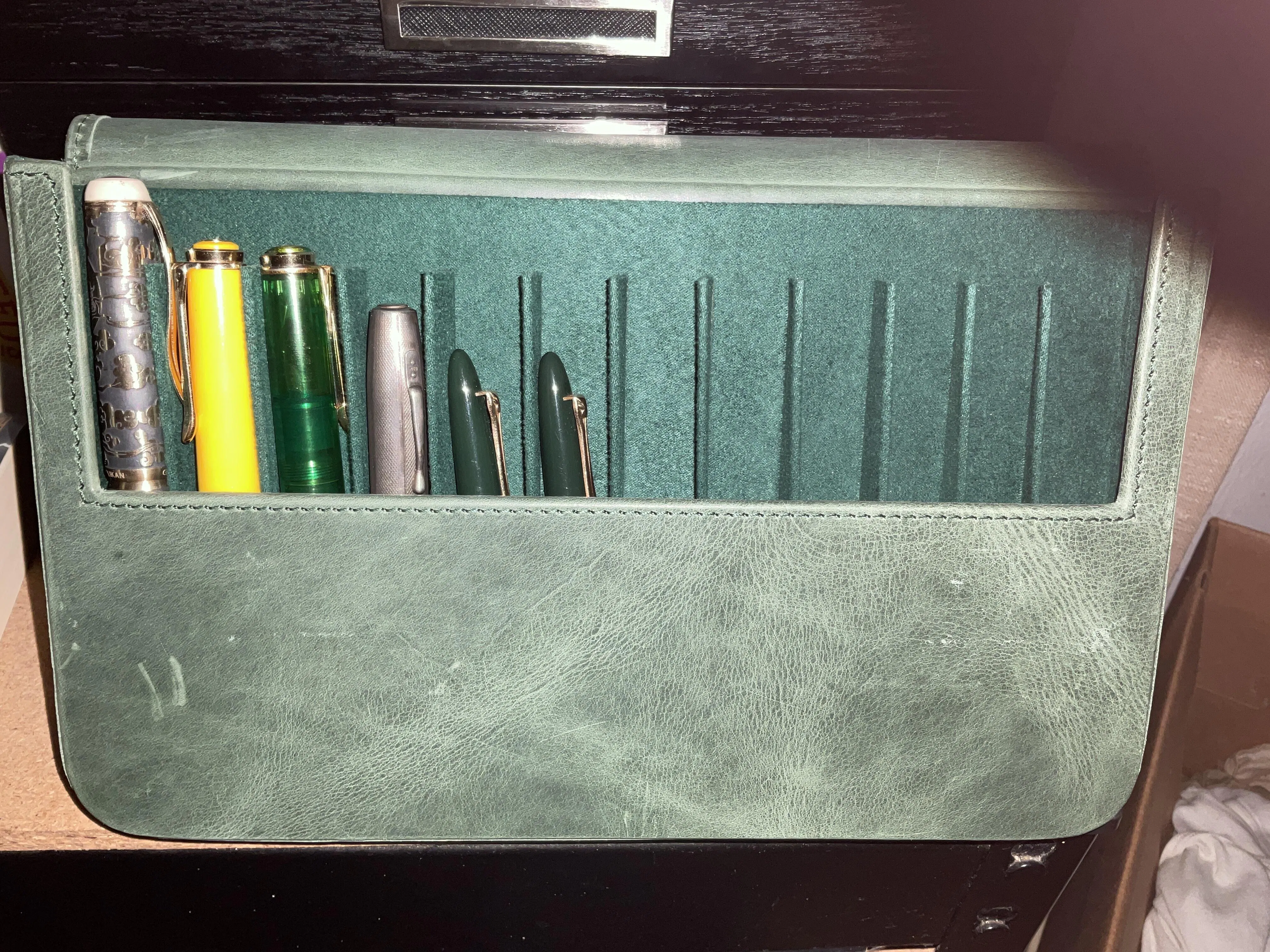 Handmade Green Leather 6 Slots Hard Pen Case for Fountain Pens - Galen ...