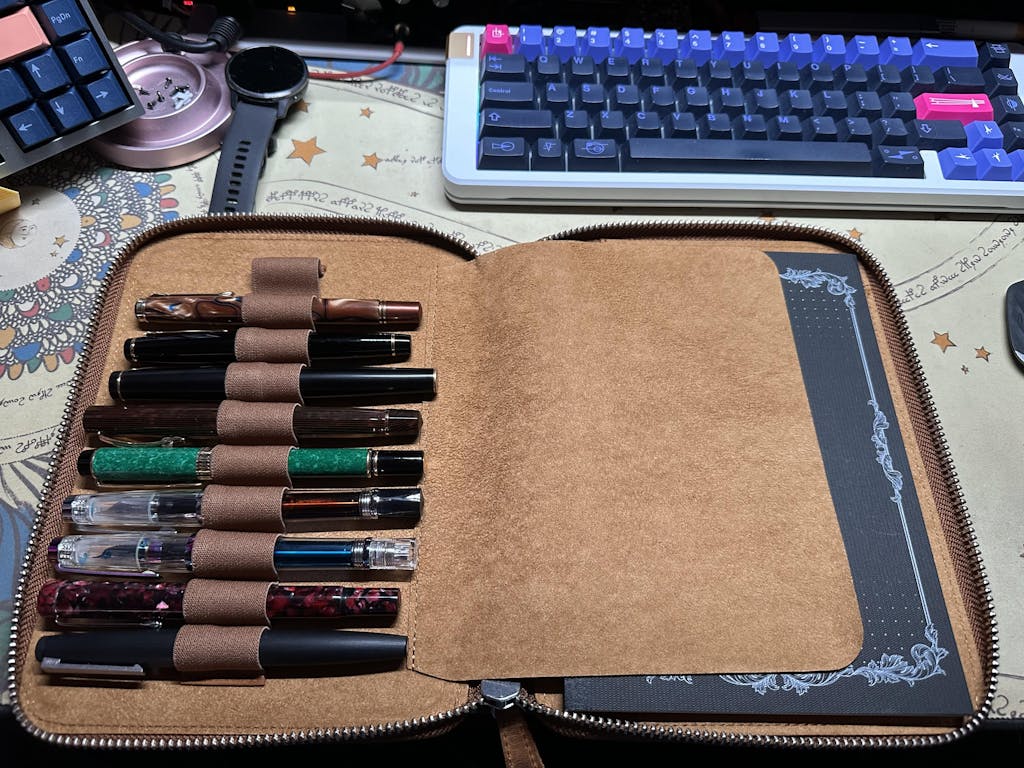 Leather Zip 10 Slots Pen Case w/ A5 Notebook Holder - Galen Leather