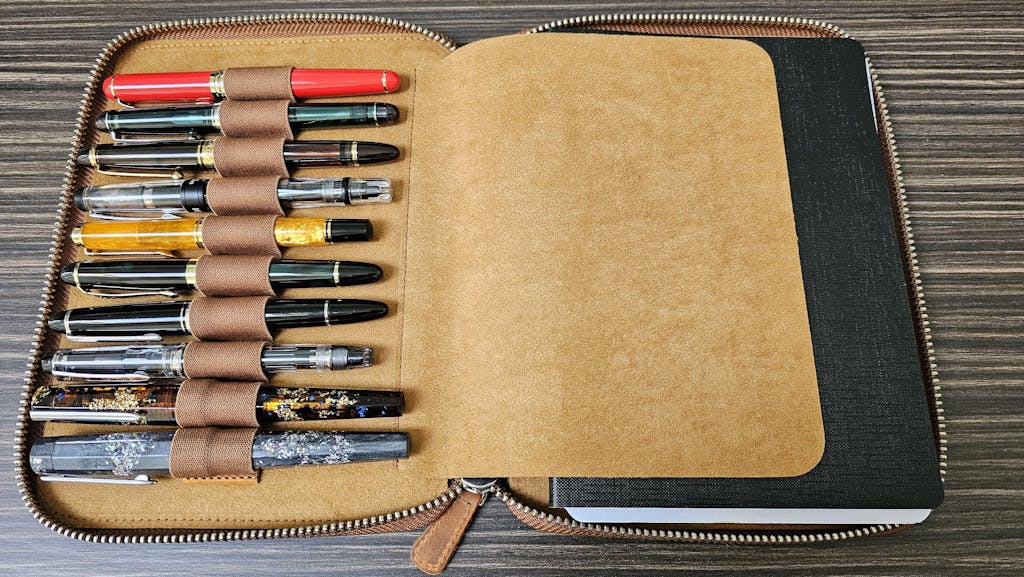 Leather Zip 10 Slots Pen Case w/ A5 Notebook Holder - Galen Leather