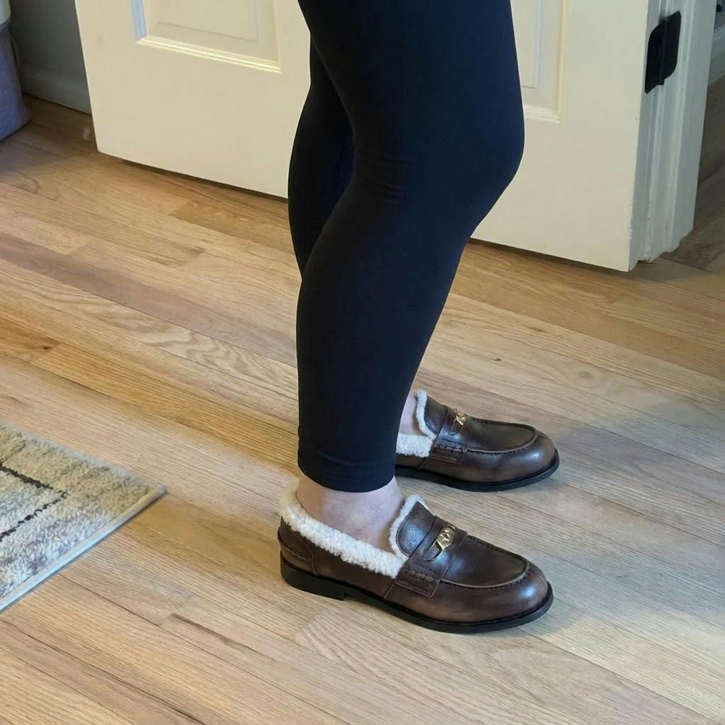 Bleached leather and shearling penny loafers – Gilded Cadence